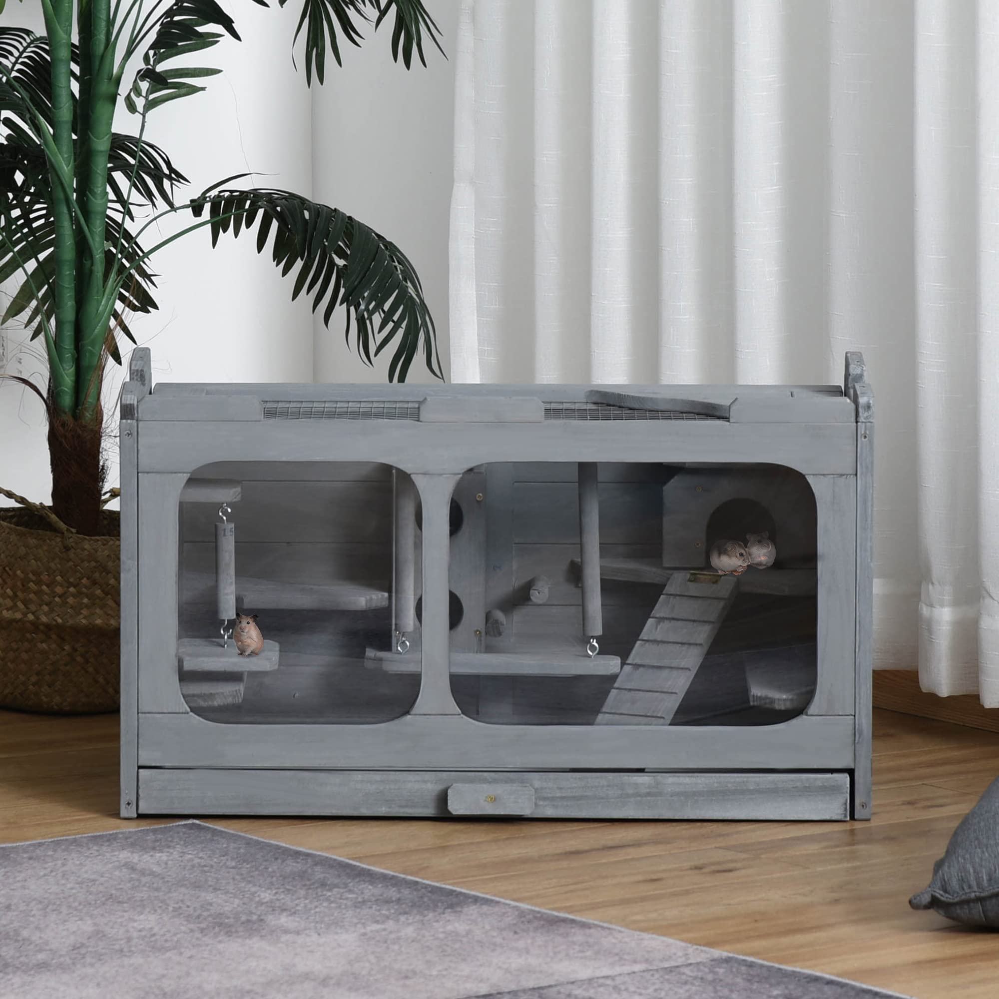 PawHut Wooden Extra Large Hamster Cage with Swings, Small Animal Cage and Habitat with Jumping Platforms, Hamster Habitat, Rats, Mice, Pull-Out Tray