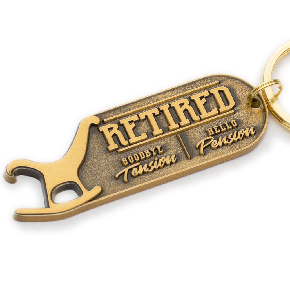 Retirement Gift - "Retired - Goodbye Tension, Hello Pension" Keychain and Bottle Opener