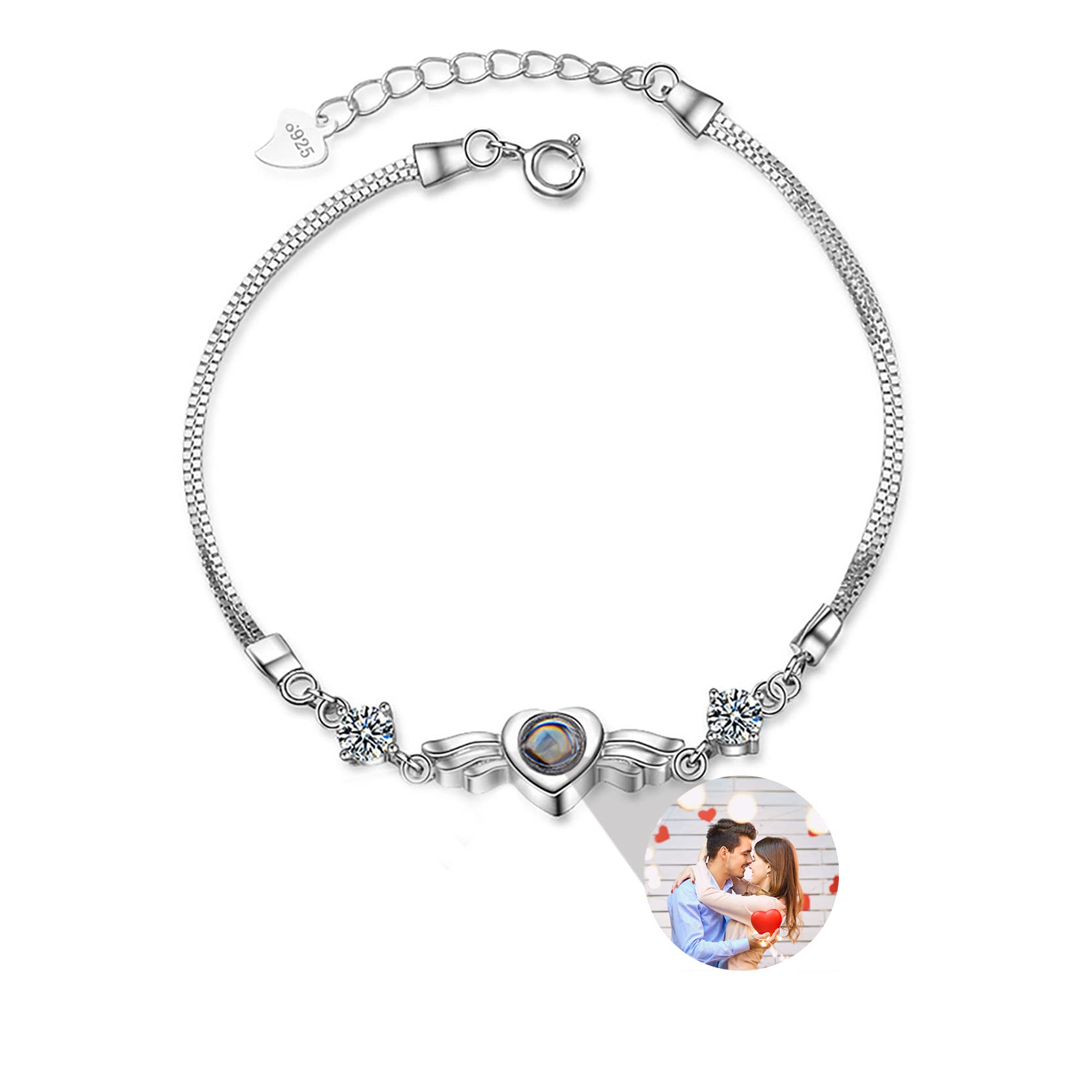 RWQDZOM Custom Photo Heart Projection Bracelet 925 Sterling Silver Adjustable Personalized Circle Photo Bracelet Couple Bracelet Friendship Bracelet Birthday Anniversary Valentines Day Gifts