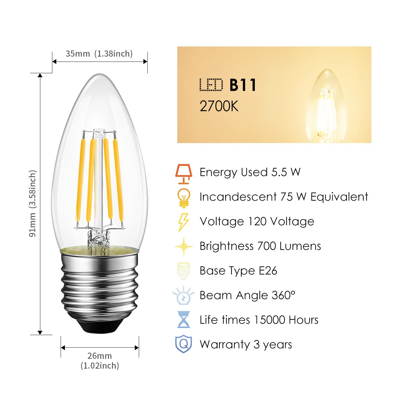 LVWIT Dimmable LED Candelabra Bulbs B11 Filament Bulb E26 Base 5.5W(75W Equivalent) 2700K Warm White Chandelier Decorative Candle Light Bulb 6 Pack