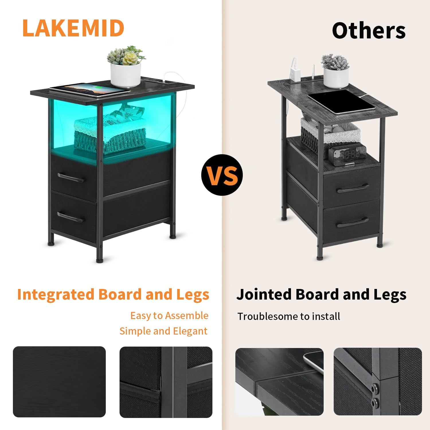 LAKEMID Narrow Side Table Set 2 with LED Light and USB C Port, Night Stand with Charging Station, Skinny End Table with 2 Fabric Drawers, for Bedroom, Living Room, Black