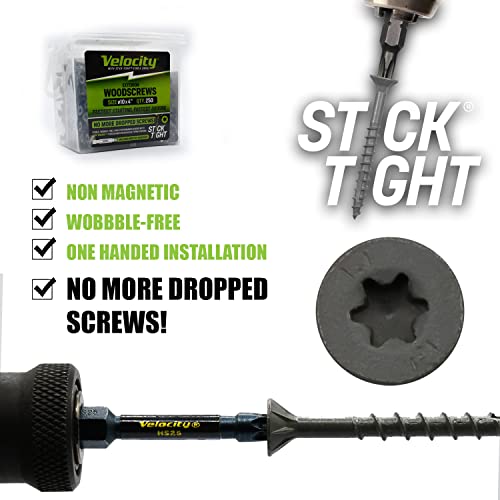 Velocity Exterior Long Length Wood Screws and Drive Bit – Screw Set with Long Large Wood Screws and StickTight™ Hexstix® Driver Bit (Size #12 x 6", 50 Count)