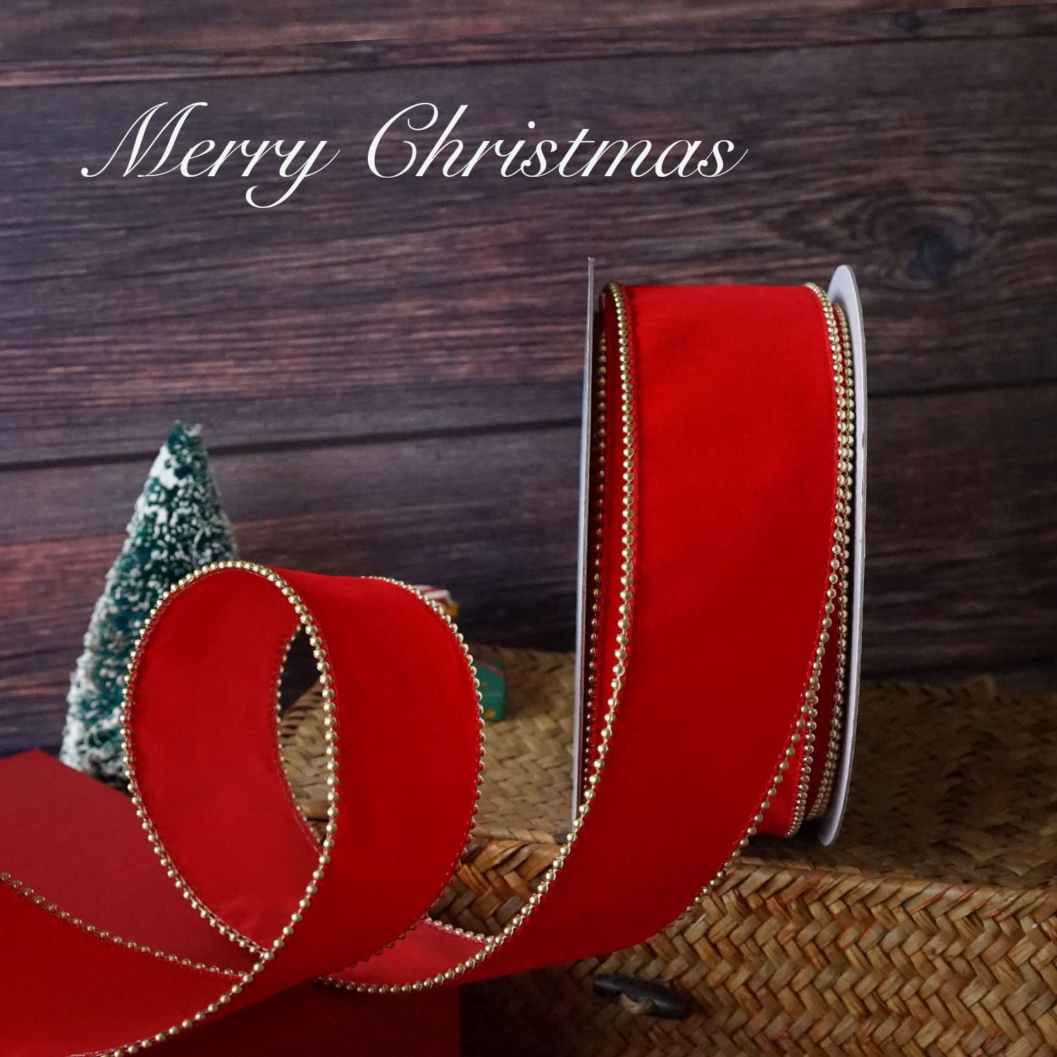 Liphontcta Cintago 2-1/2 Inch, 20 Yards Red Velvet Wired Ribbon with Gold Beads Edge, Christmas Wire Edge Ribbon (red)