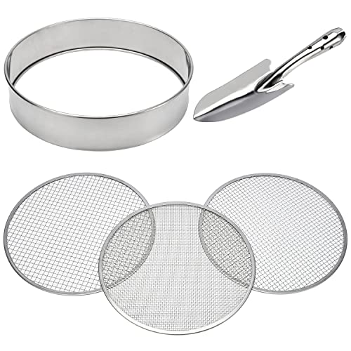 Soil Sieve Stainless Steel Riddle Sieve Set, 12" Diameter, with 3 Interchangeable Filter Mesh Sizes 3,6,9mm and Shovel