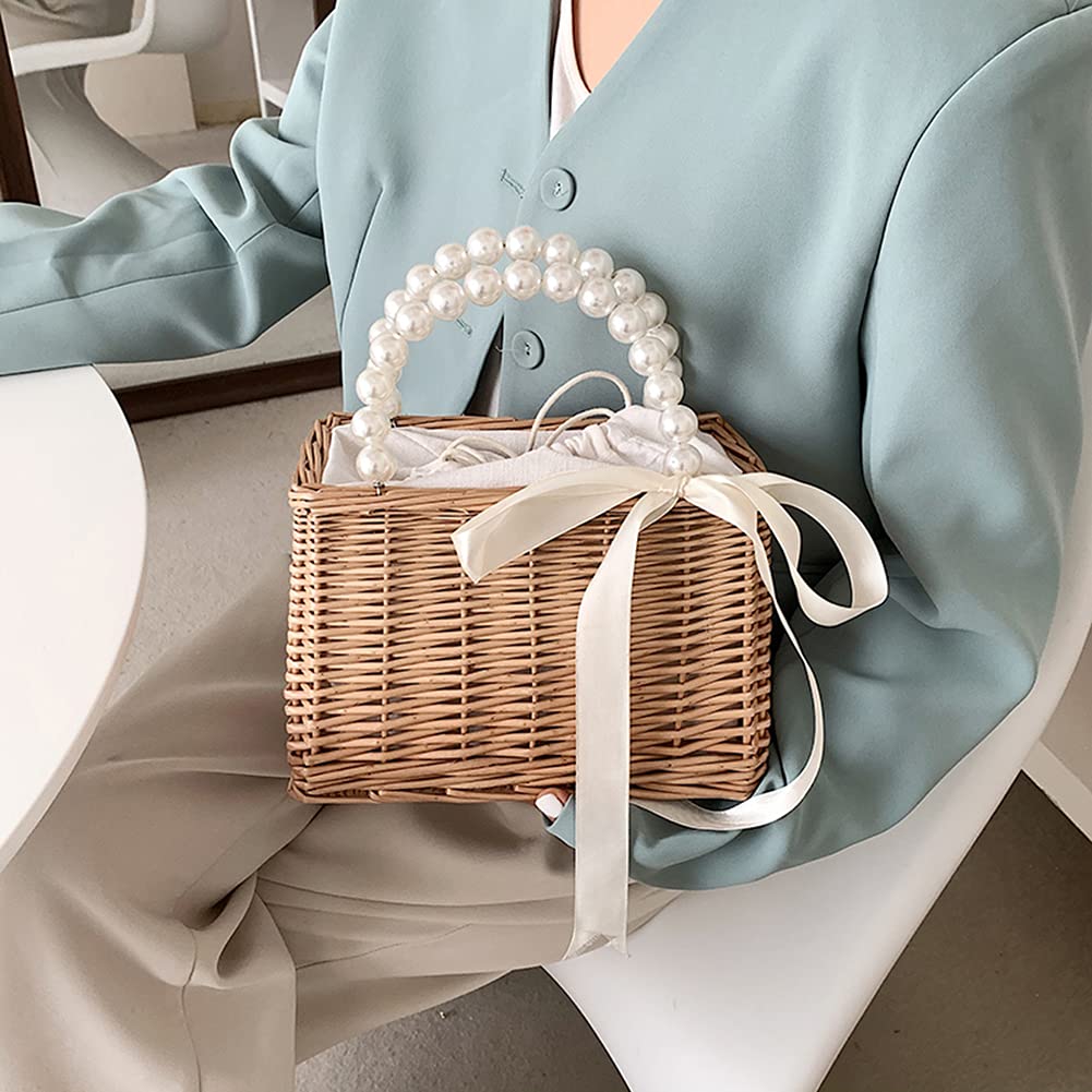 Pearl Handle Rattan Handbag, Straw Shoulder Bag Tote Bags, Mini Basket Handbag