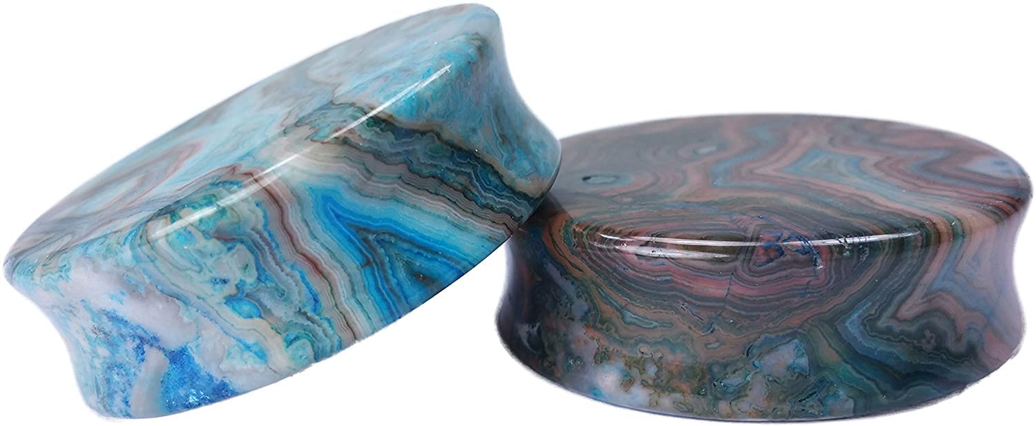 Pair 1-1/4" (32MM) BLUE AGATE STONE PLUGS Double Flare Gauges Organic Brown Tunnels (2pcs)