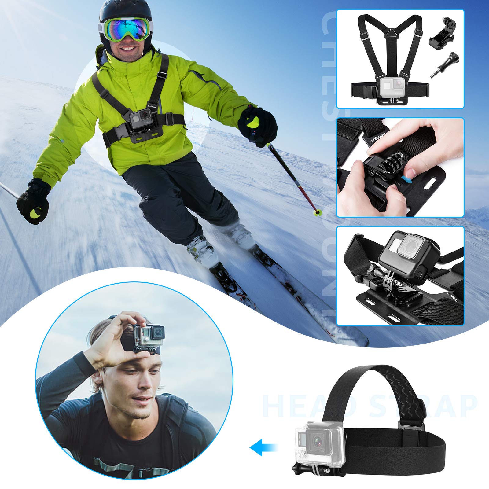 Luxebell Action Camera Accessory Kit for GoPro Hero Black Silver 12 11 10 9 8 7 6 5 4 Session Max Akaso Xiaomi Accessories Tripod Head Chest Bike Mount With Case