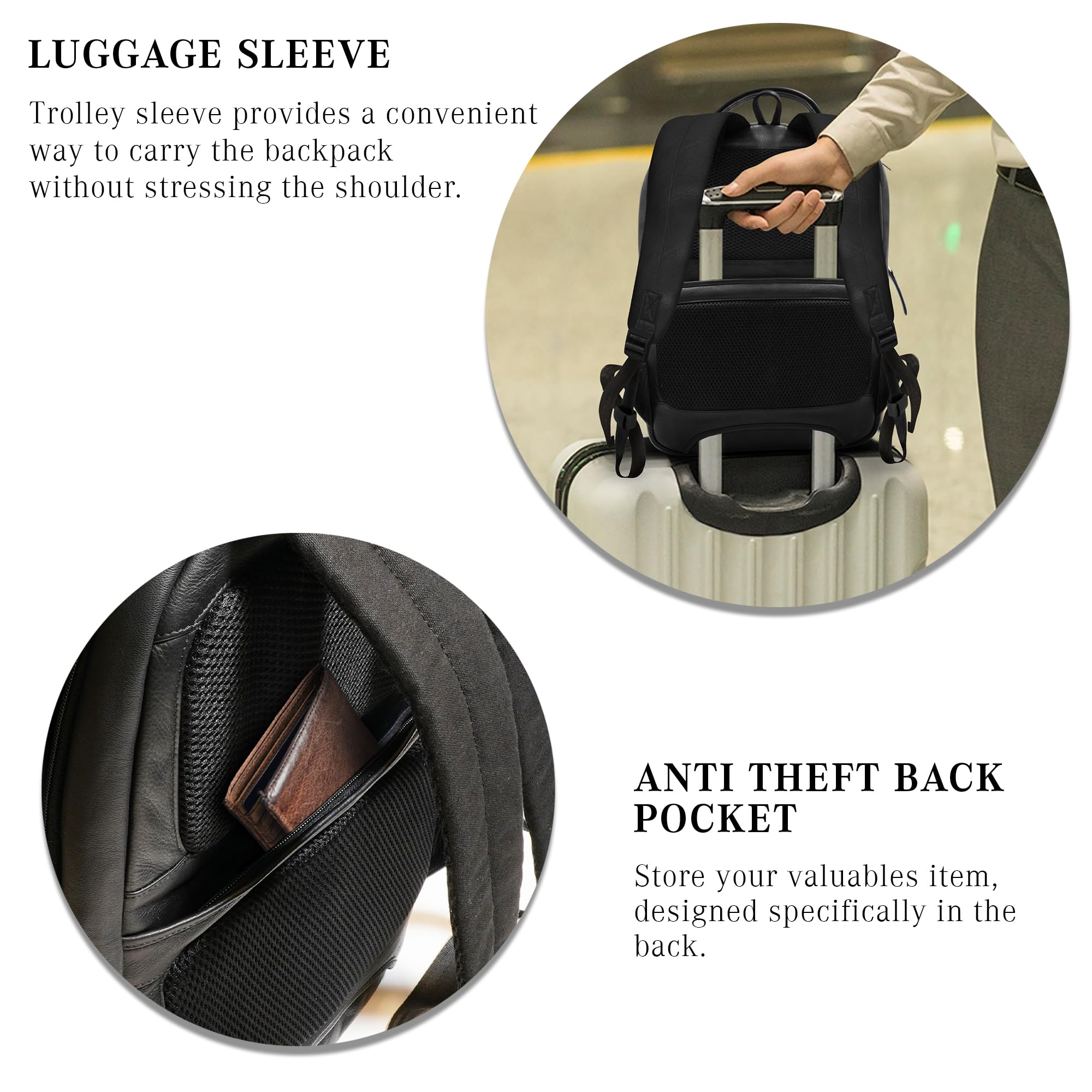 LUXEORIA Genuine Leather Backpack for Men and Women, Minimalistic Backpack, Handmade Retro Style 15.6" Laptop Bag, Daypack with Utility Pockets & Trolley Sleeve - Black