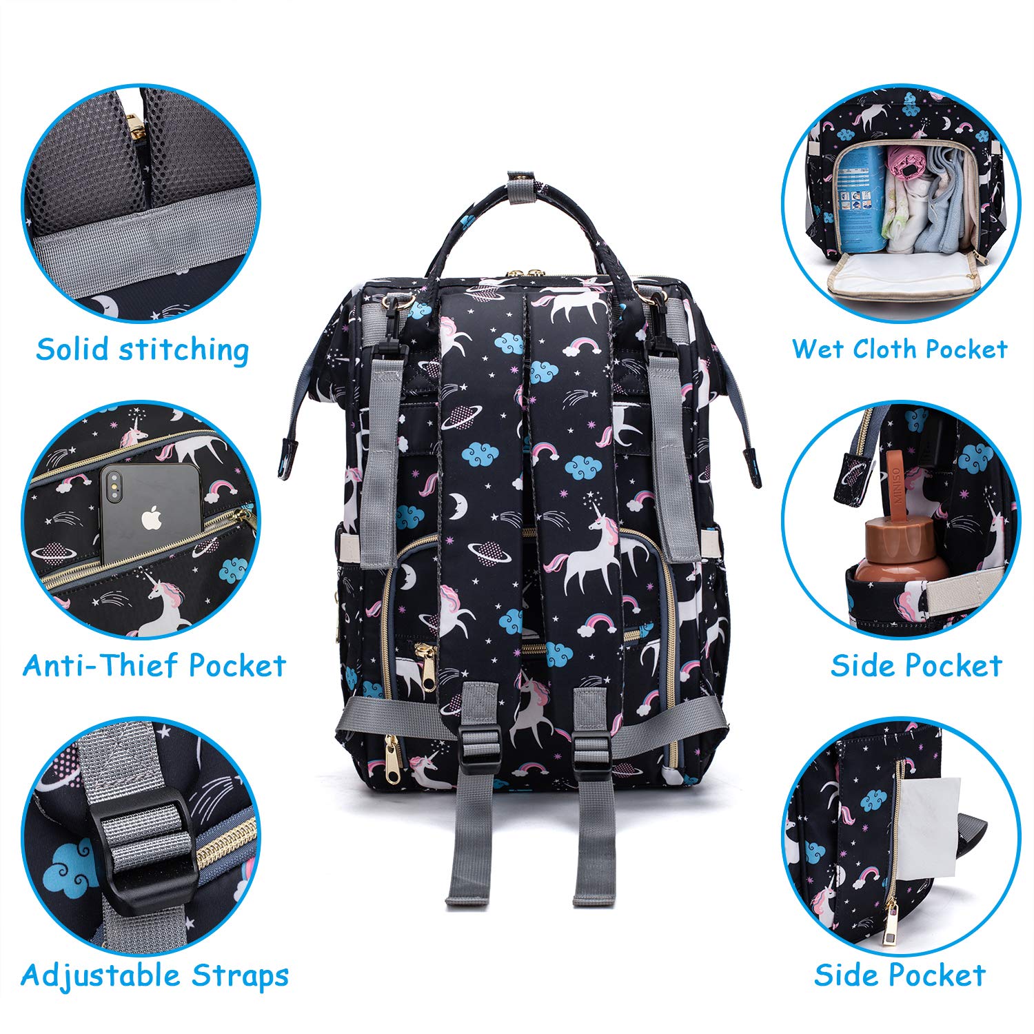 LEQUEEN Diaper Bag Backpack, Unicorn Multifunction Travel Back Pack Maternity Baby Changing Bags (Black)