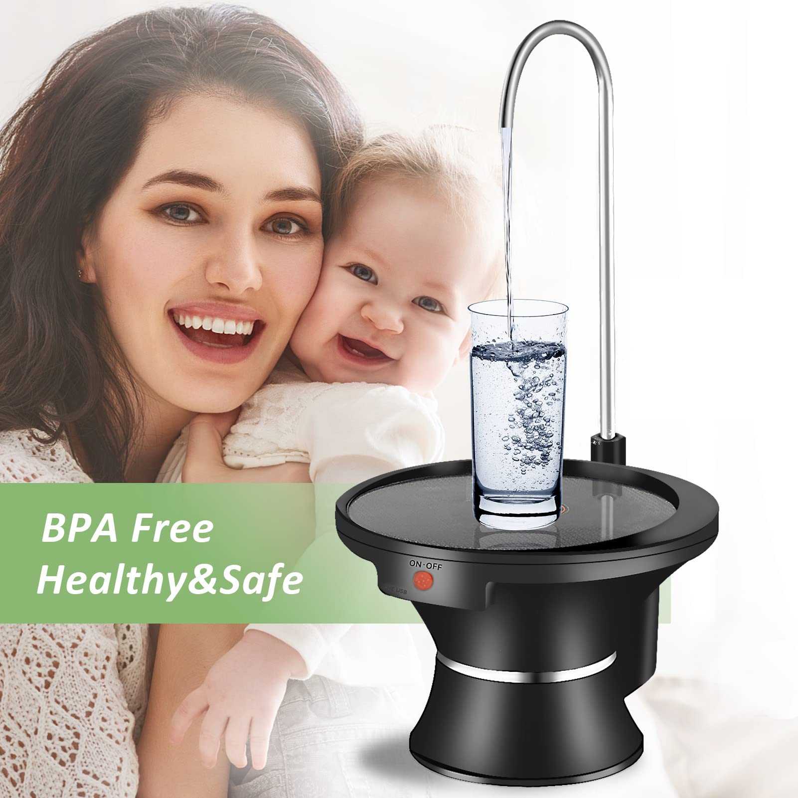 Rromxyuxi Water Pump for 5 Gallon Bottle with Tray, Electric Drinking Water Pump Portable Water Bottle Dispenser, Water Bottle Pump for 1-5 Gallon Water Jugs for Home, Kitchen, Office, Camping