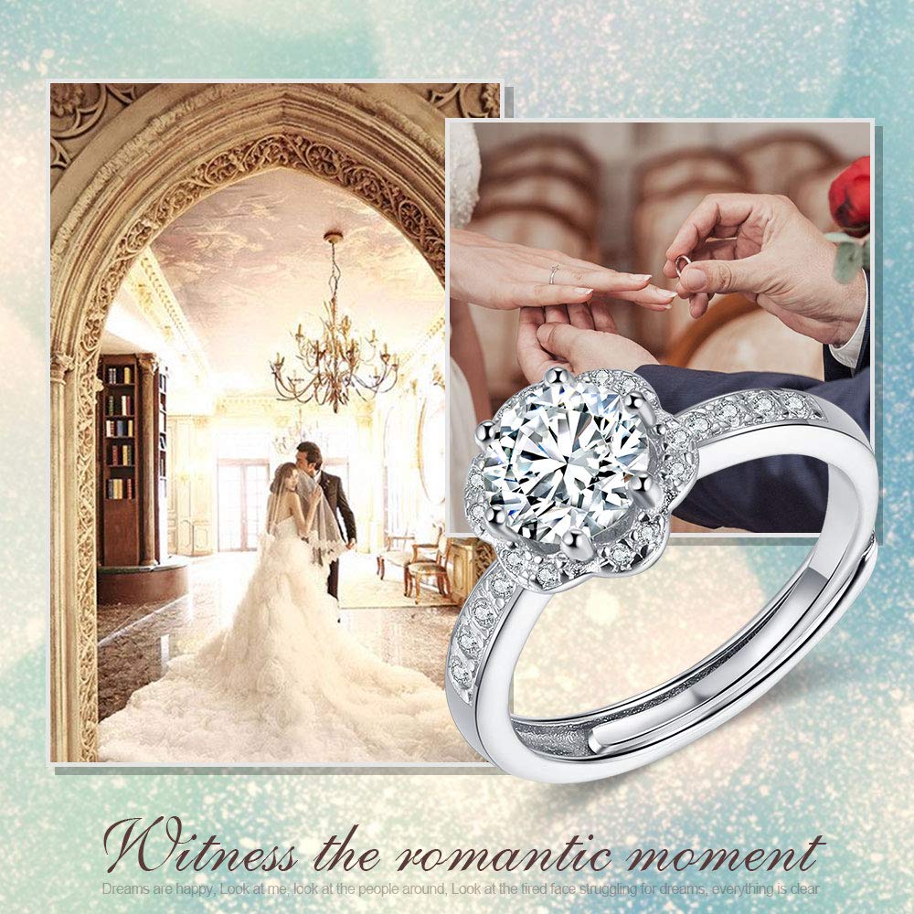 lorajewel Flower Brilliant Cut 1.0 ct Solitaire Moissanite Ring 6 Prong Adjustable 925 Sterling Silver Promise Engagement Ring for Women (Silver)