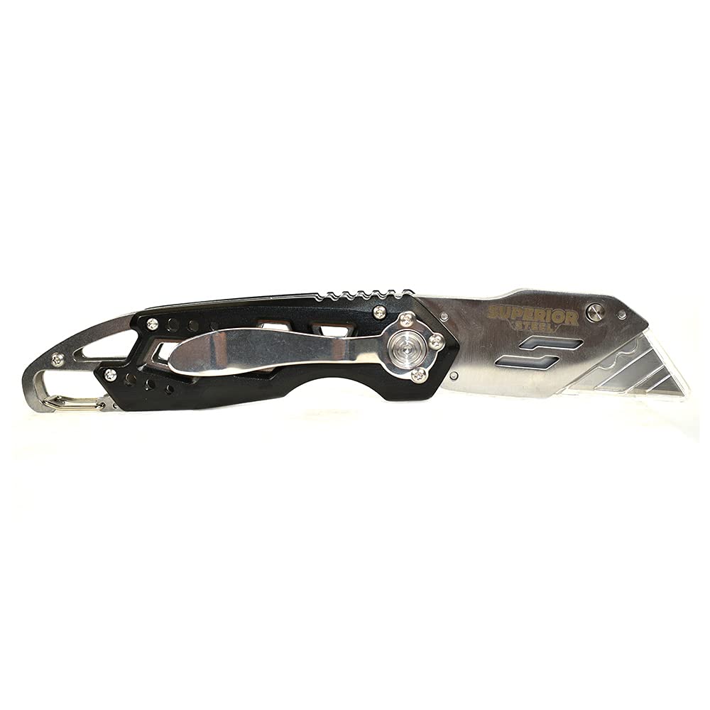 Superior Steel UK752 Folding Utility Pocket Knife Box Cutter with Belt Clip, Easy Release Button, Quick Change and Lock-Back Design - Black