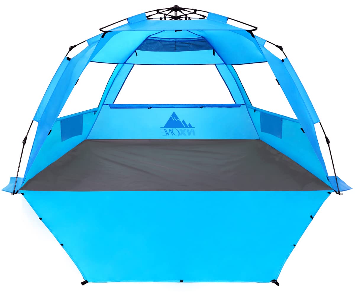 NXONE XL Pop Up Beach Tent, Deluxe Sun Shade Shelter for 4 Person, UPF 50+ Protection, Windproof Beach Shade, Extendable Floor with 3 Ventilating Windows Plus Carrying Bag, Stakes and Guy Lines