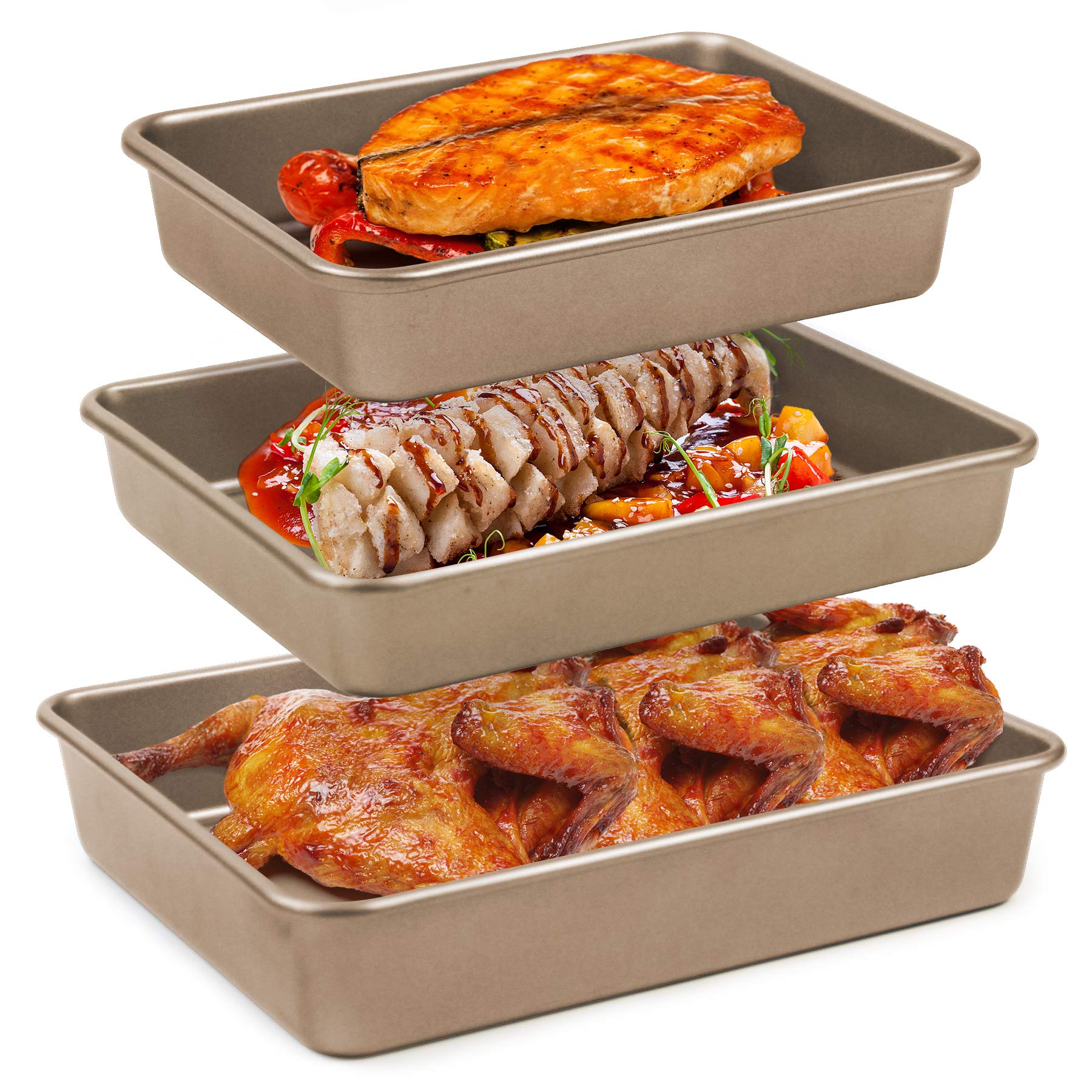 SuperMa 3 Pack Deep Baking Pans Set Nonstick Rectangular Cookie Sheets 9 11 13 Inch Baking Sheets for Baking Bread, Toaster Bakeware Gold