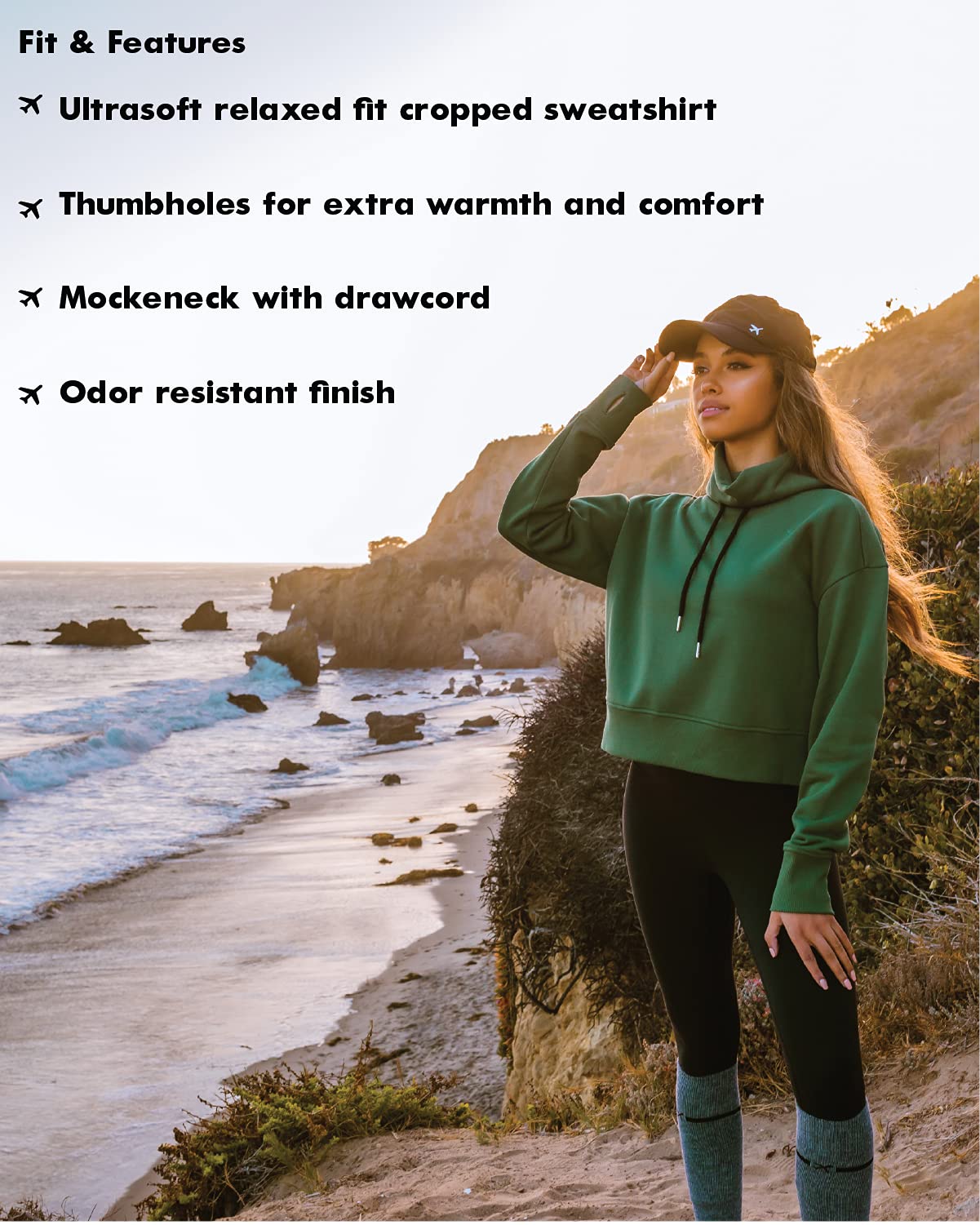 NxTSTOP Cropped Women's Sweatshirt - Ultrasoft & Odor Resistant Spruce/L Travleisure - Pullover Casual Sweatshirt For Airplane Travel, Yoga, Running