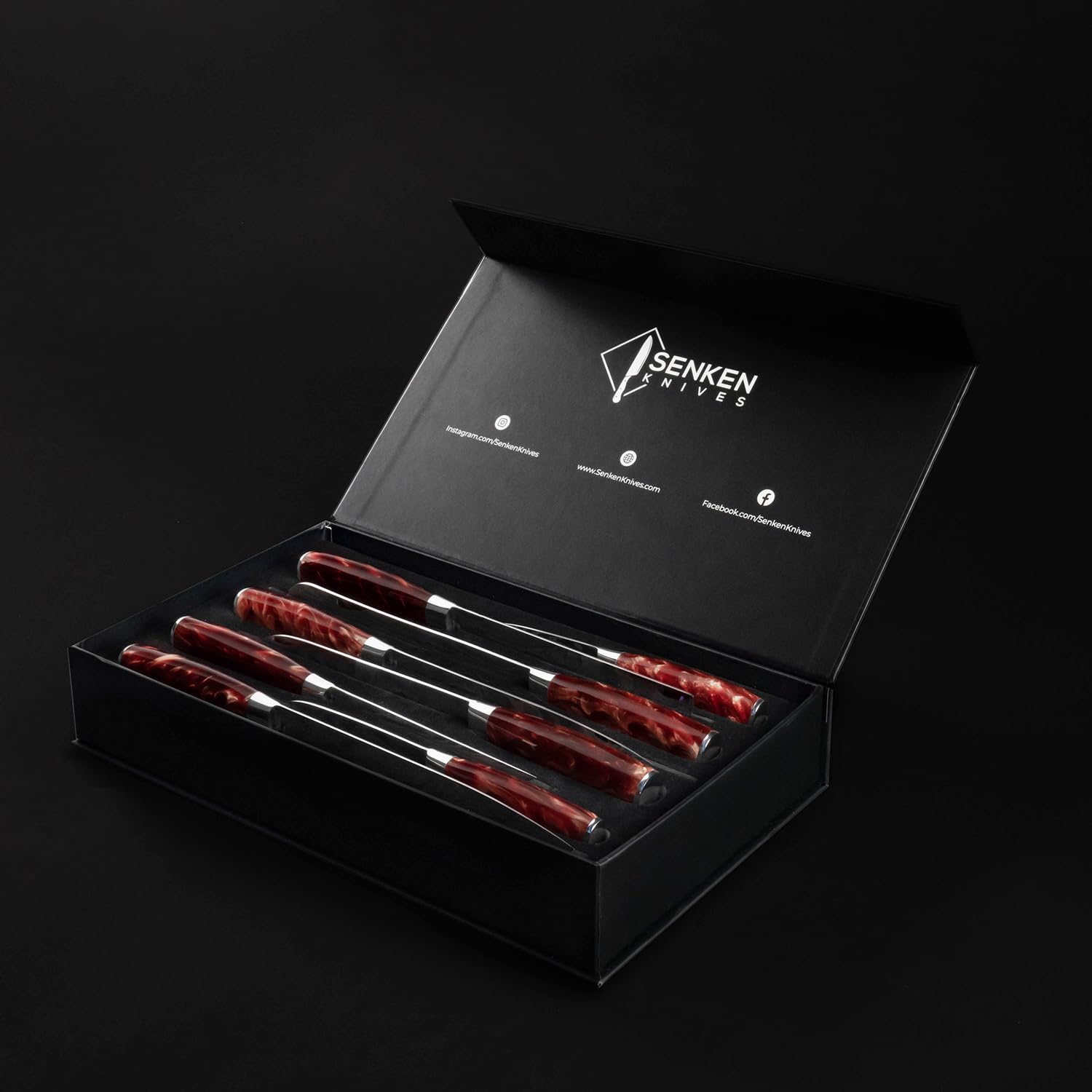 SENKEN 8-piece Japanese Kitchen Knife Set with Red Resin Handle and Laser Damascus Pattern - Crimson Collection - Chef's Knife, Santoku Knife, Paring Knife, & More - Ultra Sharp for Very Fast Cutting