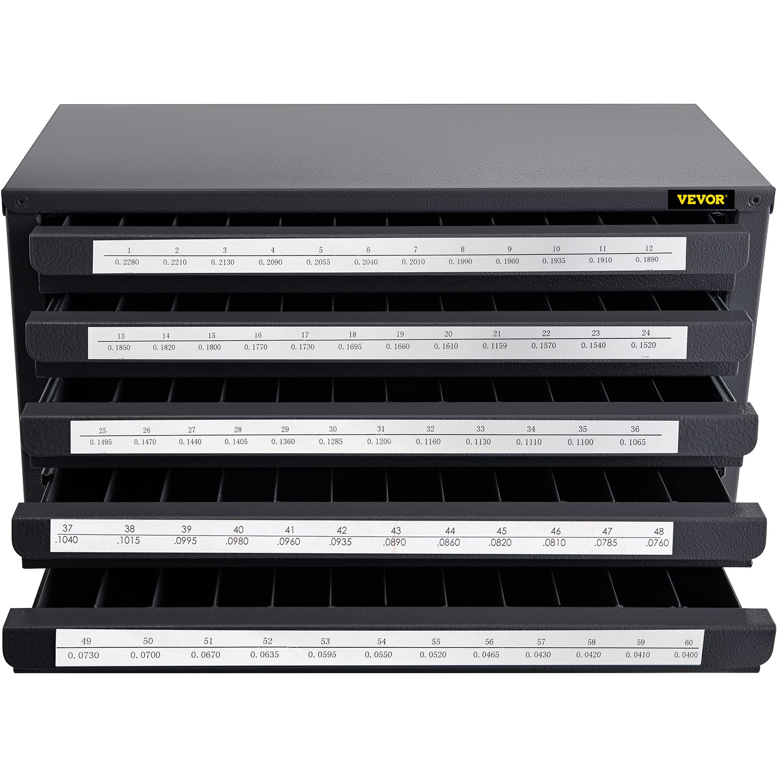 VEVOR Drill Bit Dispenser Cabinet, Five-Drawer Drill Bit Dispenser, 60-Compartment Drill Bit Organizer Cabinet, Drill Dispenser Organizer Cabinet Holder for Jobber Length Wire Gauge Sizes #1 to #60