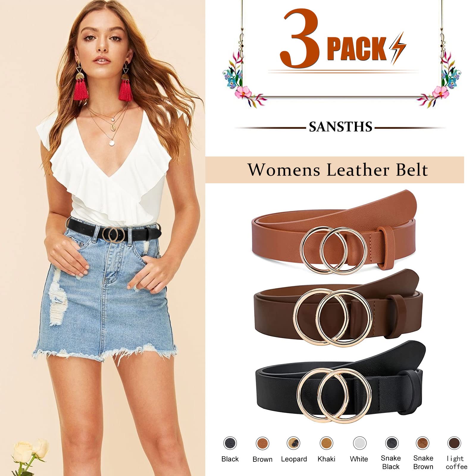 SANSTHS 2 Pack Womens Faux Leather Jeans Belt with Double O Ring Buckle (Black & Coffee, XS)