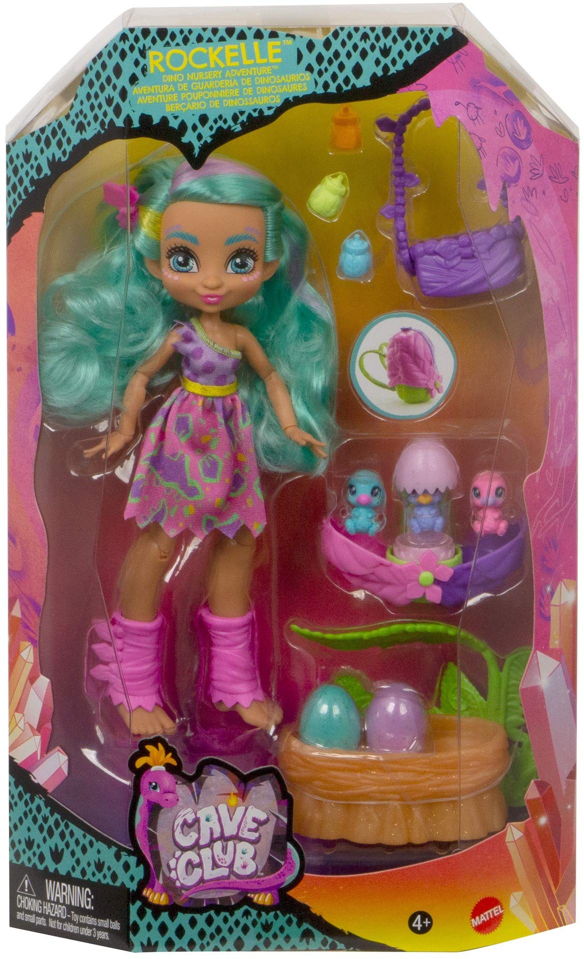 Mattel Cave Club Rockelle Doll and Dino Nursery Adventure Playset with 3 Hatchable Baby Dinosaurs & Accessories, Gift for 3 to 7 Year Olds
