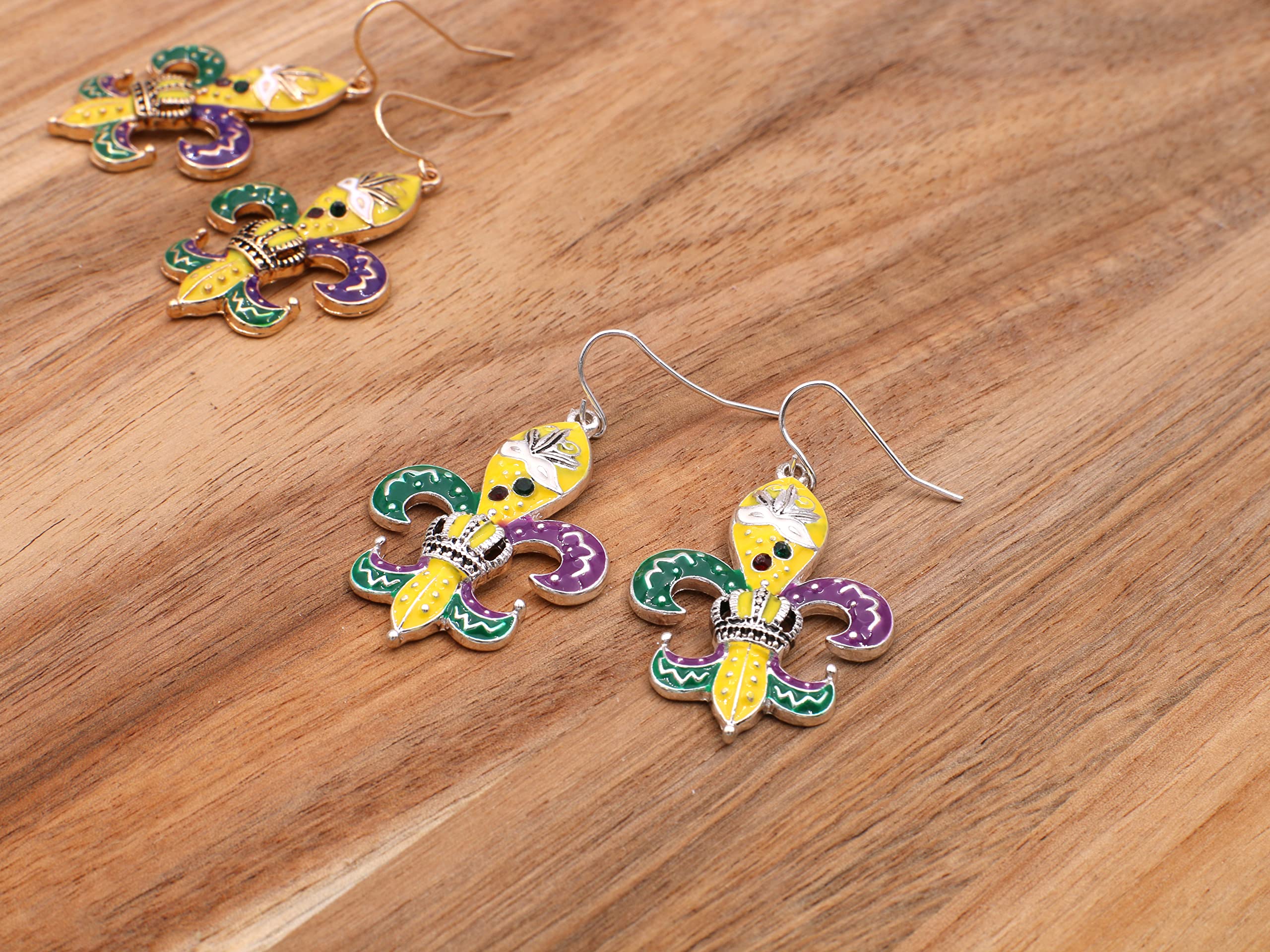Mardi Gras Theme French Hook Dangle Earrings (Silver Tone)