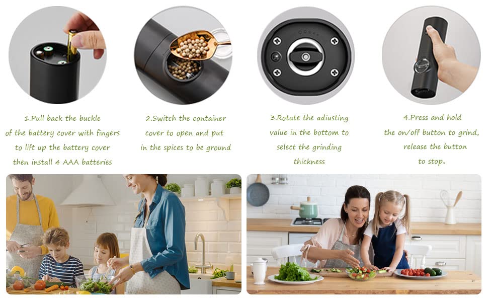 Saknaop Electric Pepper Grinder,Pepper Salt Mill Grinder refillable with Gravity Sensor Switch, Salt Grinder Spice Grinder with Adjustable Coarseness and LED Blue Light,Battery Operated