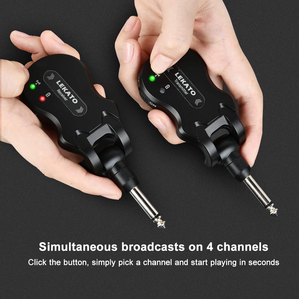 LEKATO Wireless Guitar System 5.8 Wireless Guitar Transmitter Receiver Rechargeable Audio Wireless Transmitter Receiver 4 Channels Transmission Range for Electric Guitar Bass (Black)