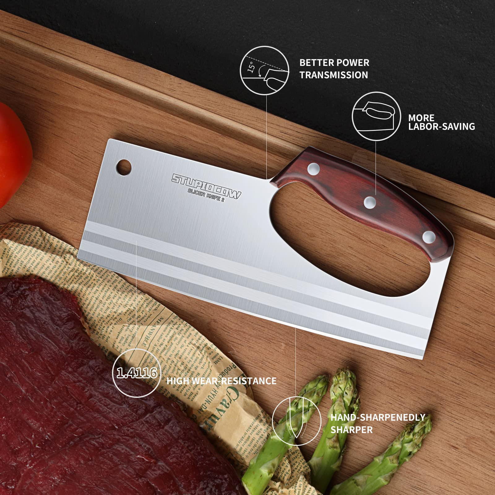 STUPIDCOW 8 Inch Kitchen Knife Cooking Knife, Sharp Asian Knife in German High Carbon Stainless Steel with Ergonomic Handle