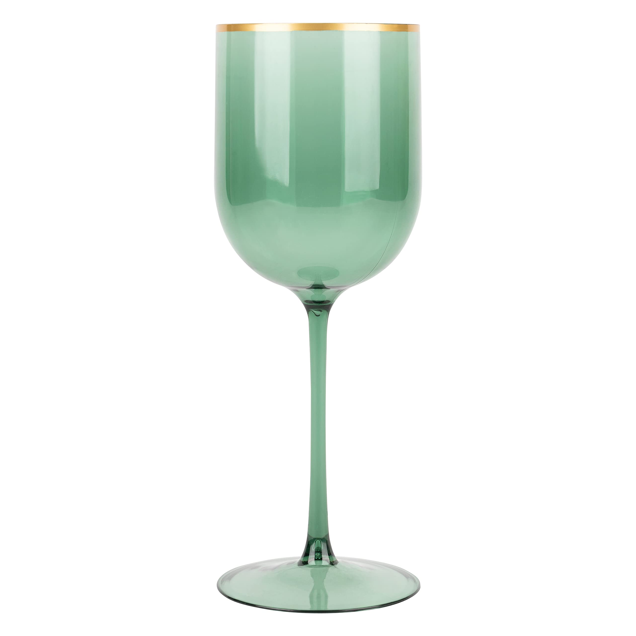 PLASTICPRO Green Wine Cup with Gold rim Plastic Wine Glasses Set of 10 Elegant Wine Goblets Hard Plastic Wine Cups on Stem 12 Ounce Christmas Cups