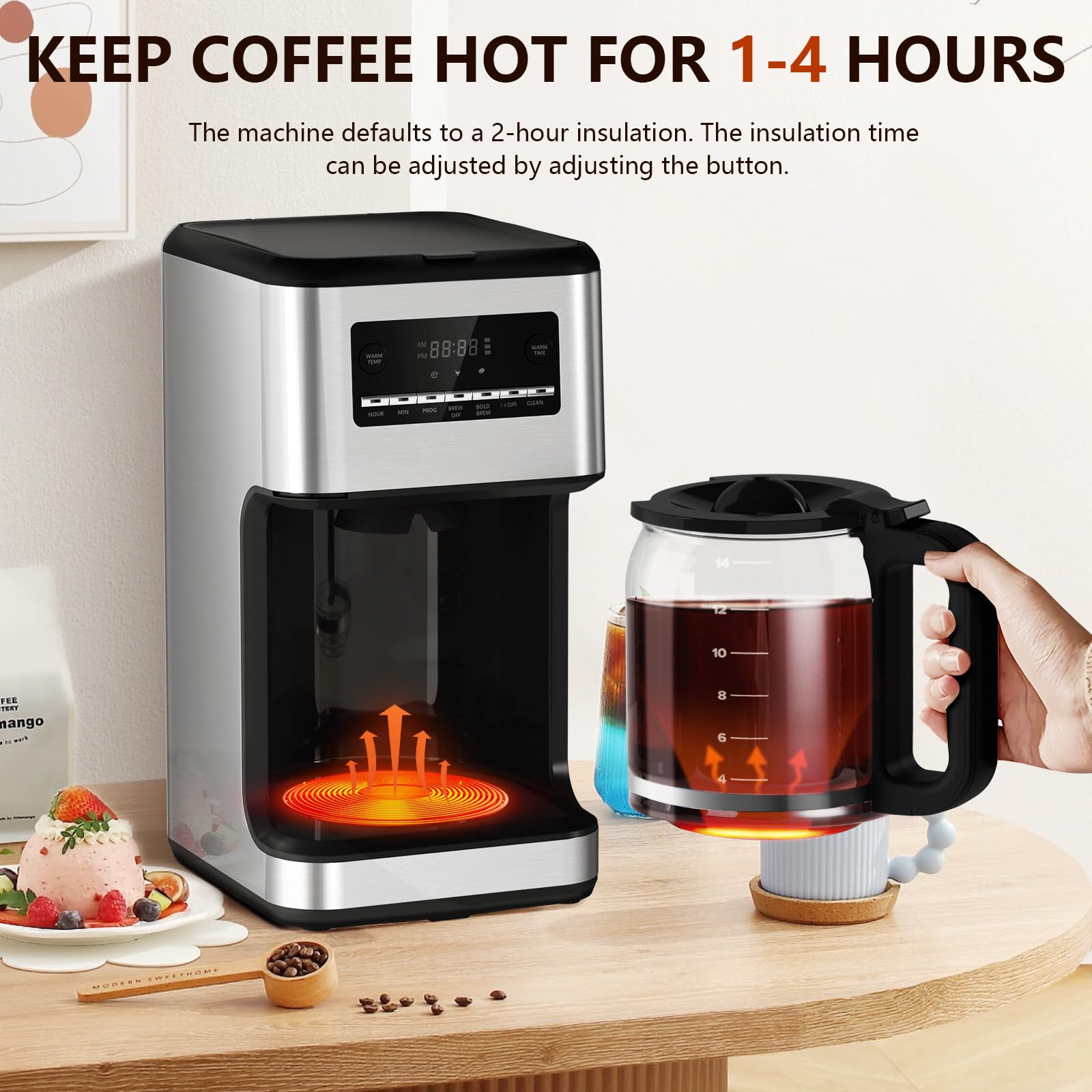 Xbeauty Coffee Maker, Drip Coffee Machine, 14-Cup Glass Carafe, Programmable, Delay Brew, Keep Warm, with Touch Screen, Stainless Steel,Silver