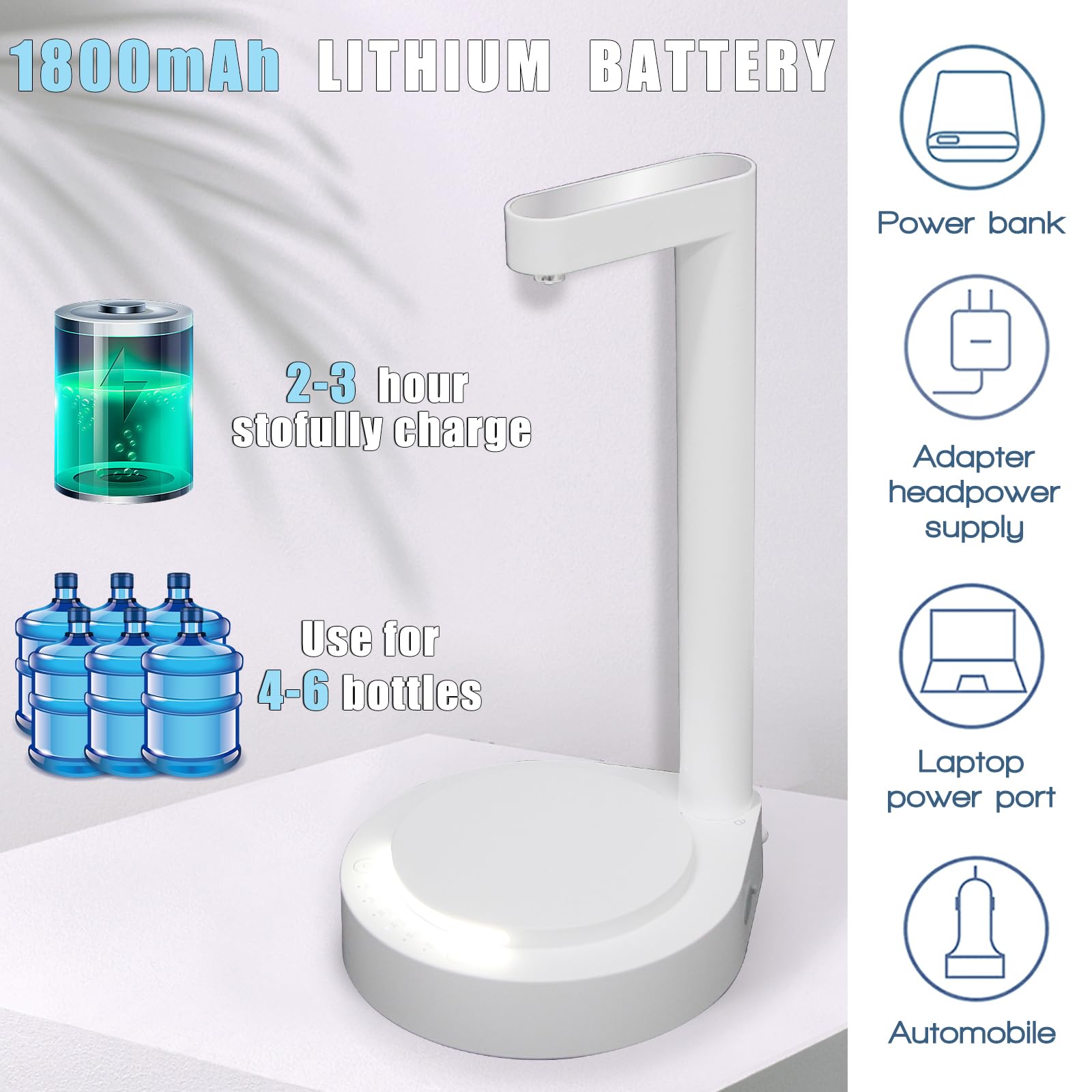 LED Bedside Water Dispenser,Desktop Water Bottle Dispenser,New upgrade LED Light and Touch buttons, Portable 5 Gallon Water Dispenser,with 7 Levels Pumping and Light,Suitable for Home, Office, (white)