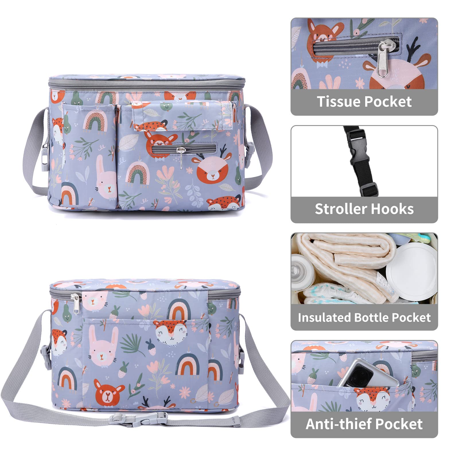 TRENDPLAY Diaper Bag Stroller Bag Diaper Organizer Caddy for Diapers, Can Be As Shoulder Bag, Adjustable Stroller Straps,Universal Fit Most Strollers, Animal