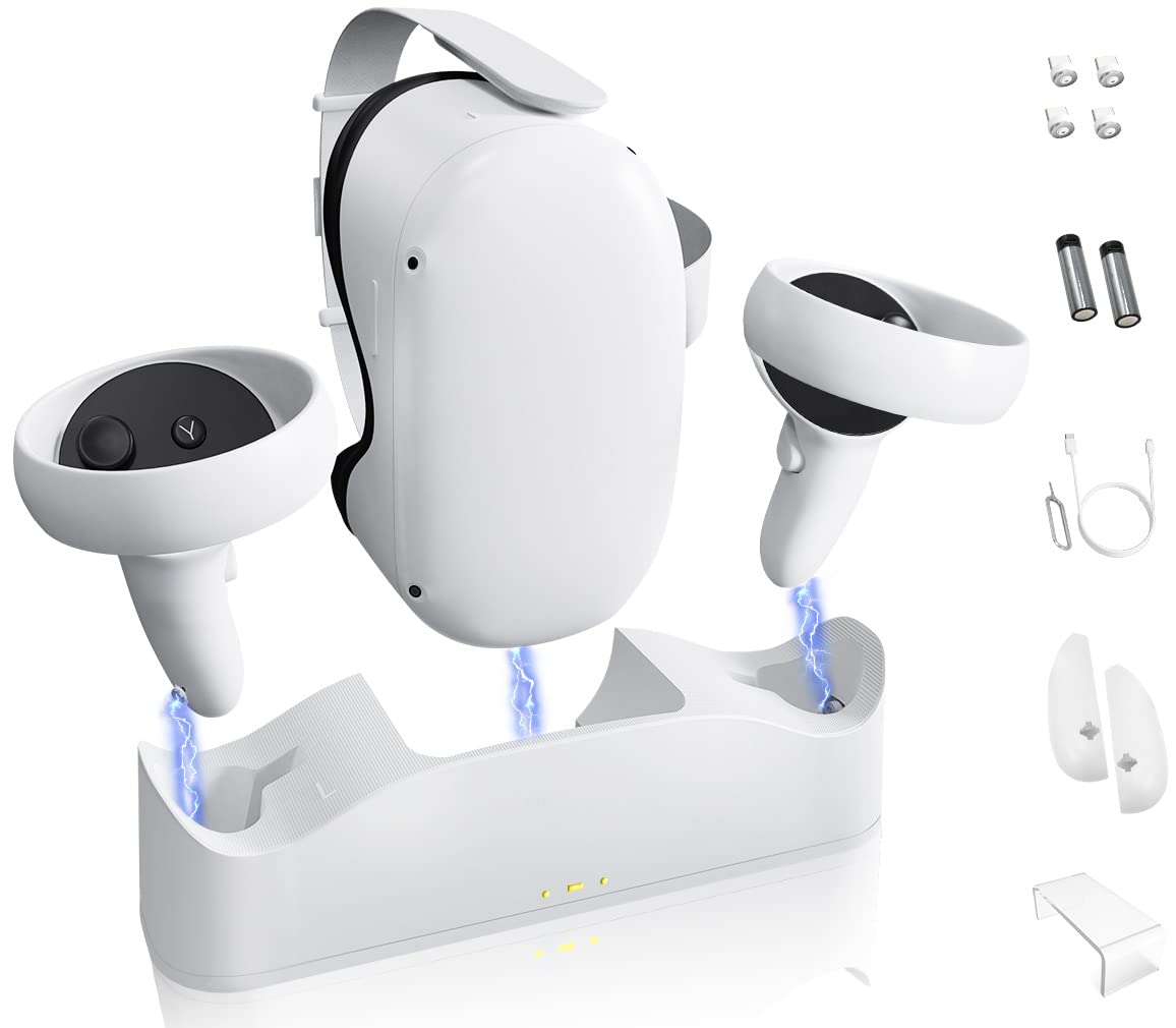 Stand for Oculus Quest 2 Charging Dock Station for Meta Quest 2 Occulusquest2 Accessories for Oculus Quest 2 Charger Supports 3rd Party Strap, 3 LED Indicators, 2 Rechargeable Batteries,USB-C Cable