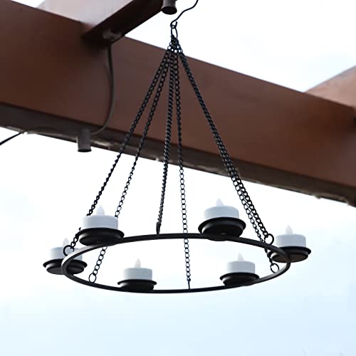 Solar Hanging Lantern, Outdoor Candle Chandelier with 8pcs Solar Powered Tea Lights in Matt Black Finished Metal Candle Holders Perfect for Home, Garden, Backyard, Pergola, Gazebo, Tree, Window Decor