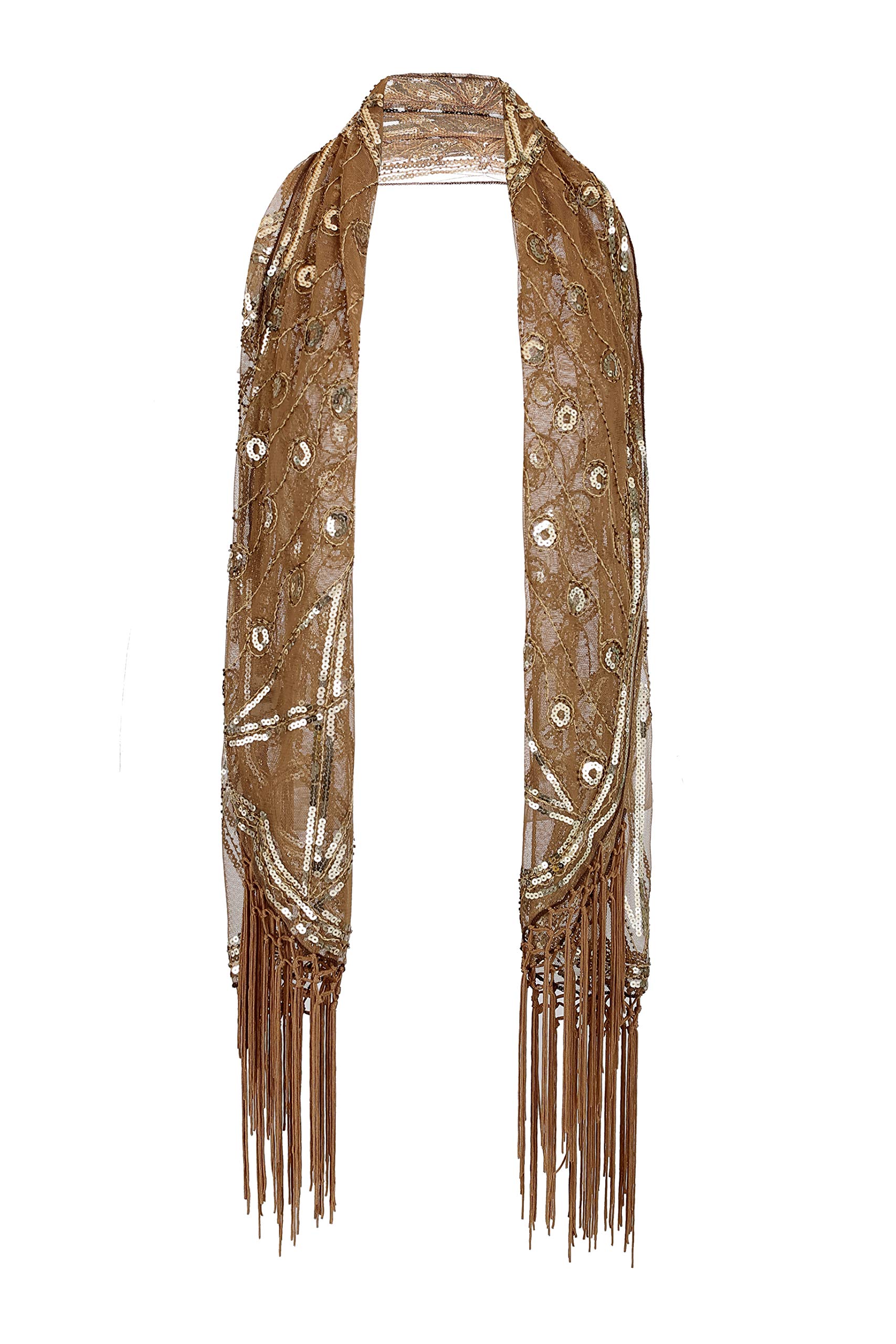 Metme Women's 1920s Scarf Wraps Sequin Deco Fringed Wedding Cape Evening Shawl Vintage Prom (Coffee Gold)
