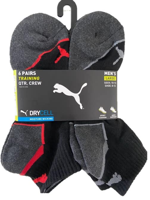 PUMA 6 PAIRS TRAINING QUARTER CREW DRYCELL MEN'S LARGE SOCK 10-13 SHOE 8-12 MOISTURE WICKING SPORT CUSHION ARCH SUPPORT