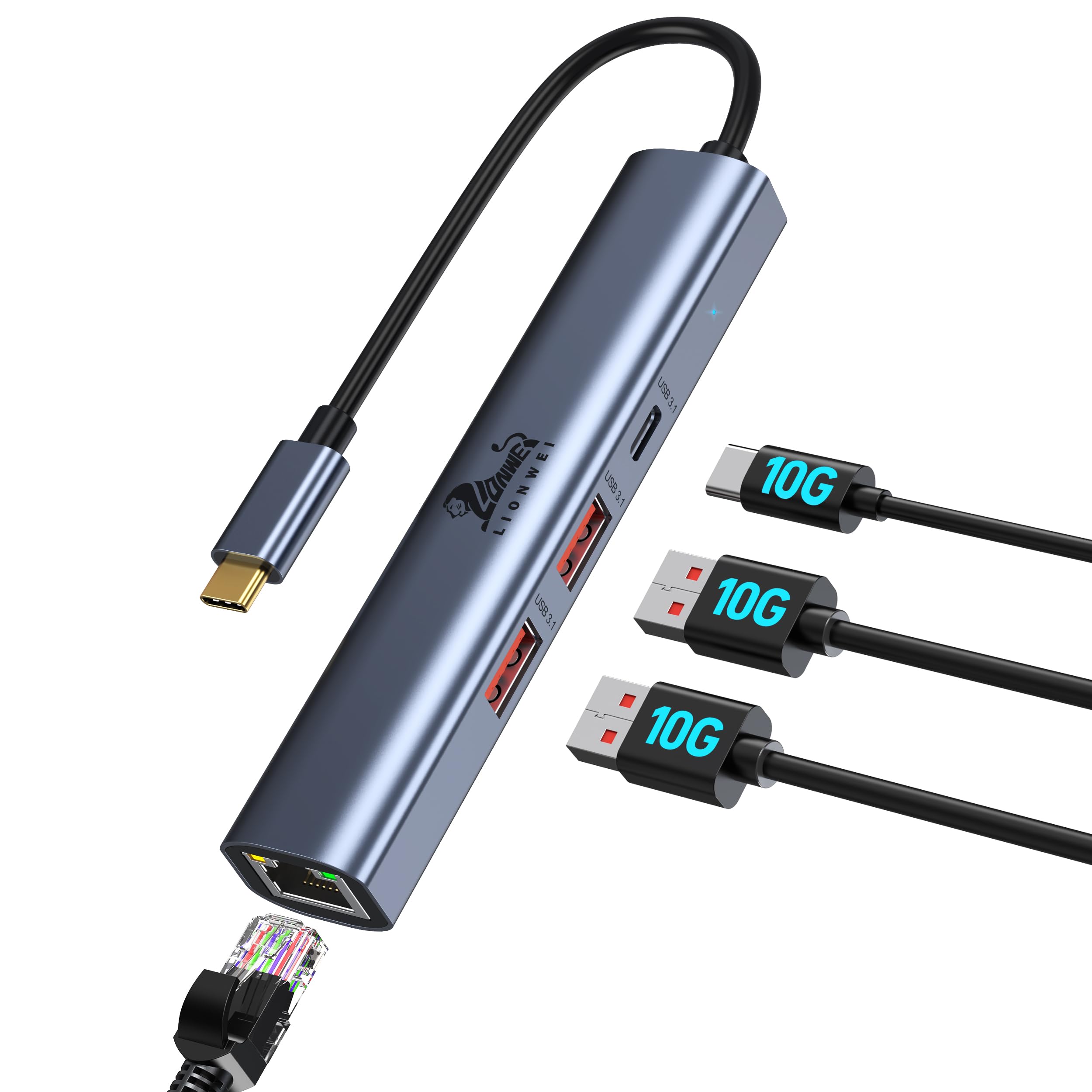 USB C Hub with Ethernet 10Gbps USB 3.1, LIONWEI 4 IN-1 USB C Splitter for MacBook with 2 USB 3.1 Port, USB C 3.1 Port & 1000M Ethernet, Portable Adapter for Laptop, PC, Smartphone Plug and Play Dongle