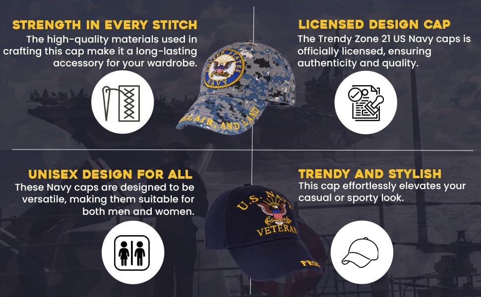 Trendy Zone 21 US Navy Veteran Hat for Men and Women, Officially Licensed Product | United States Navy (USN) | Ideal for Gifting | Navy Blue