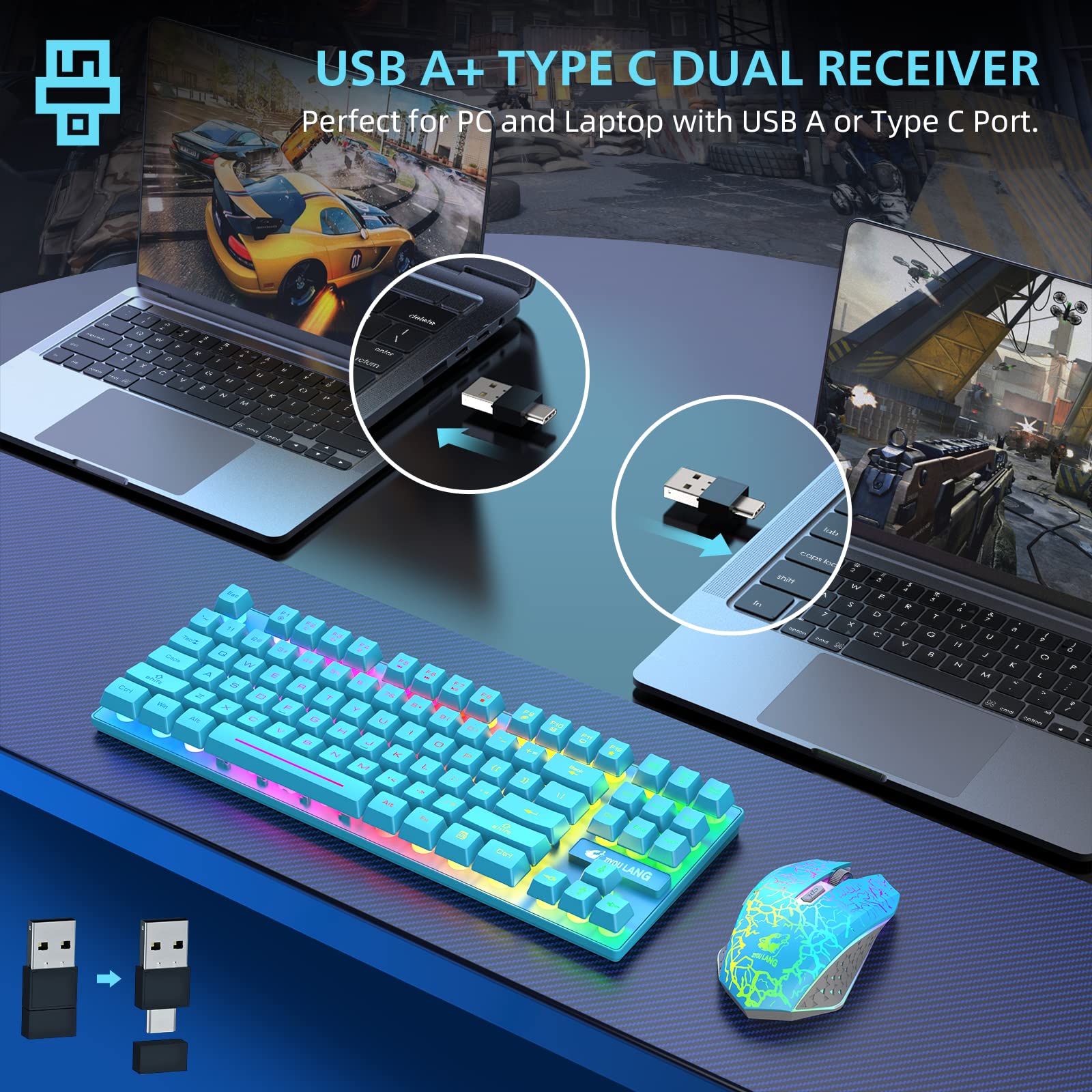 Wireless Gaming Keyboard and Mouse Combo,Rainbow Backlit 87 Keys Membrane Keyboard,2.4GHz Rechargeable 4000mAh Keyboard Mouse, Dual-Head USB&Type C Receiver for PC/Smart Phone/Laptop/Tablet/PS4(Black)