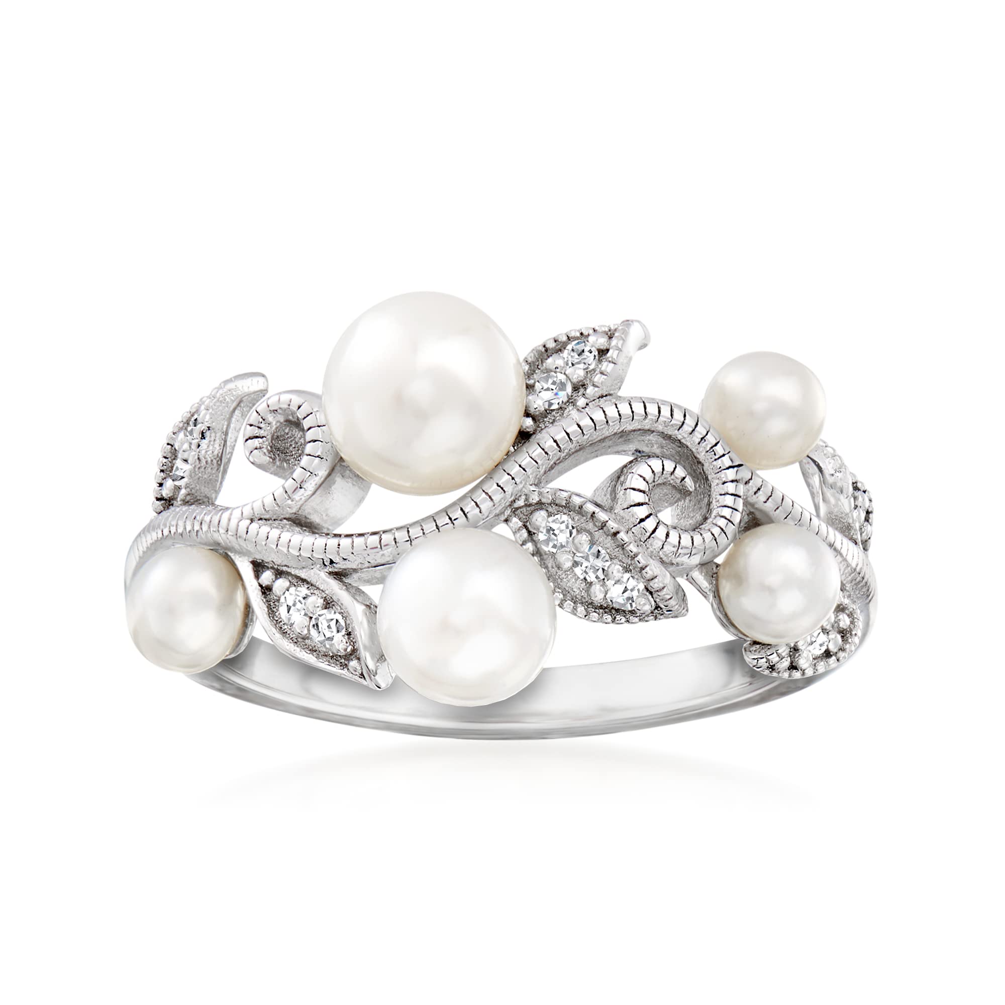 Ross-Simons 3-5.5mm Cultured Pearl Leaf Ring With Diamond Accents in Sterling Silver. Size 8