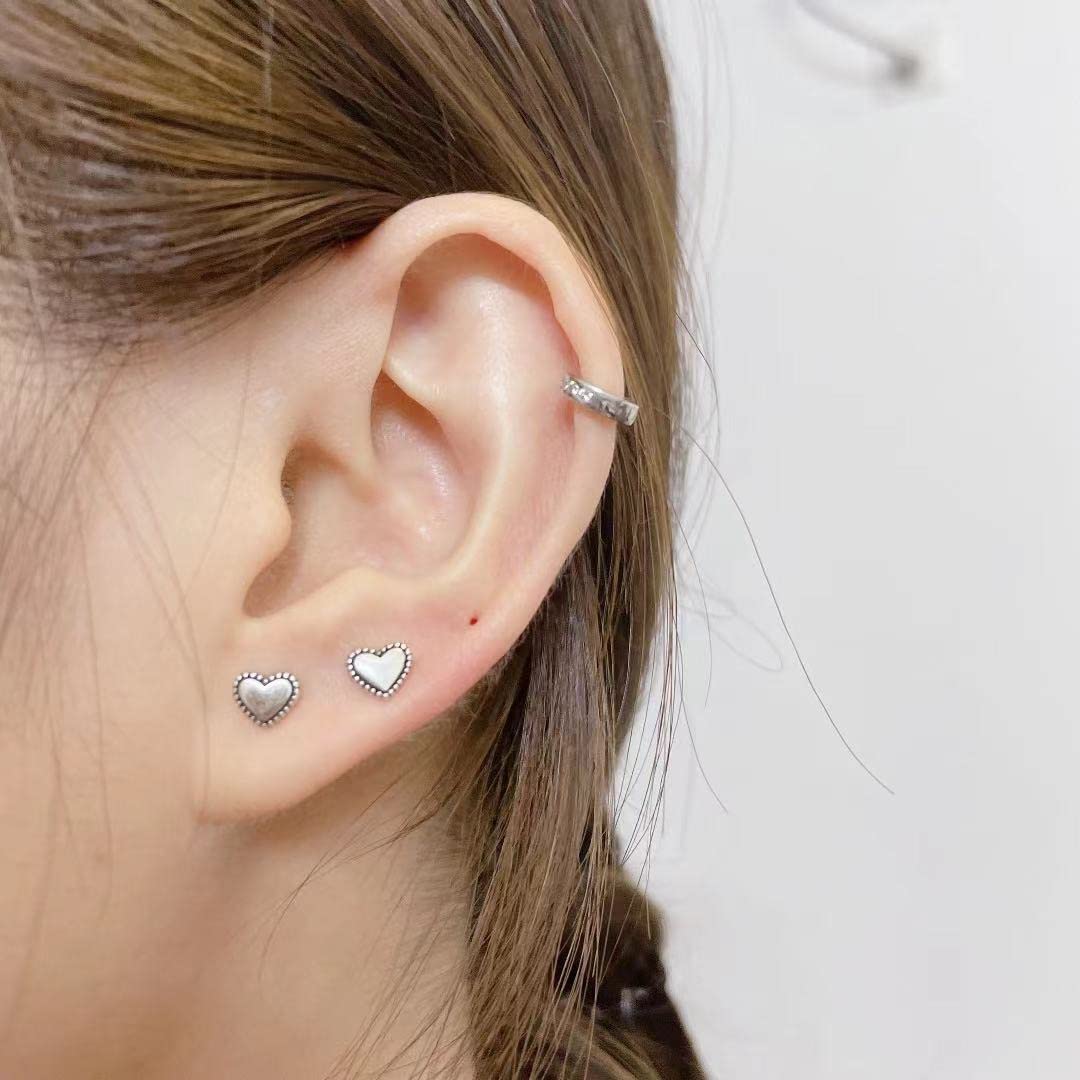 S925 Sterling Silver 18G Tiny Heart Cartilage Stud Earrings Vintage Eternity Love Hearts Tragus Helix Ear Ring Studs Daith Conch Ear Piercing Screw Back Ball Barbell for Sensitive Ears