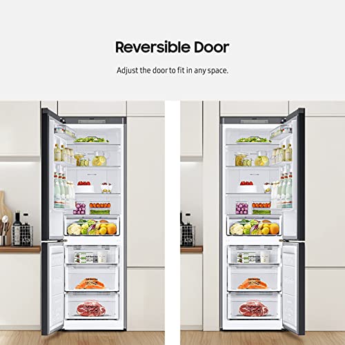 SAMSUNG 12.0 Cu Ft BESPOKE Compact Refrigerator w/ Bottom Freezer, Flexible Slim Design for Small Spaces, Even Cooling, Reversible Door, LED Lighting, Energy Star Certified, RB12A300641/AA, Navy Glass