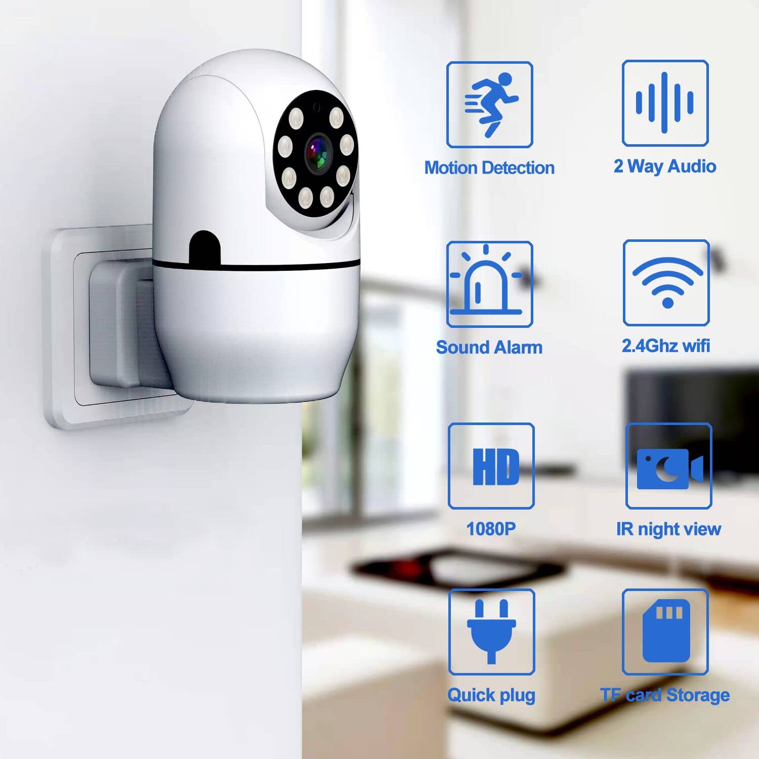 Wireless Indoor Security Camera with Plug to socket no cable,PTZ Smart WiFi Camera Baby Monitor, 360° View 2.4G Camera with Phone APP, Motion Tracking Detection, Two Way Talk, Spotlight On Color Night