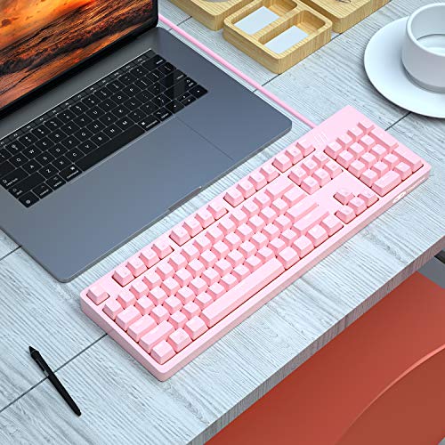 MageGee Mechanical Pink Gaming Keyboard MK-Armor LED Rainbow Backlit and Wired USB 104 Keys Keyboard with Blue Switches, for Windows PC Laptop Game(Pink&White)