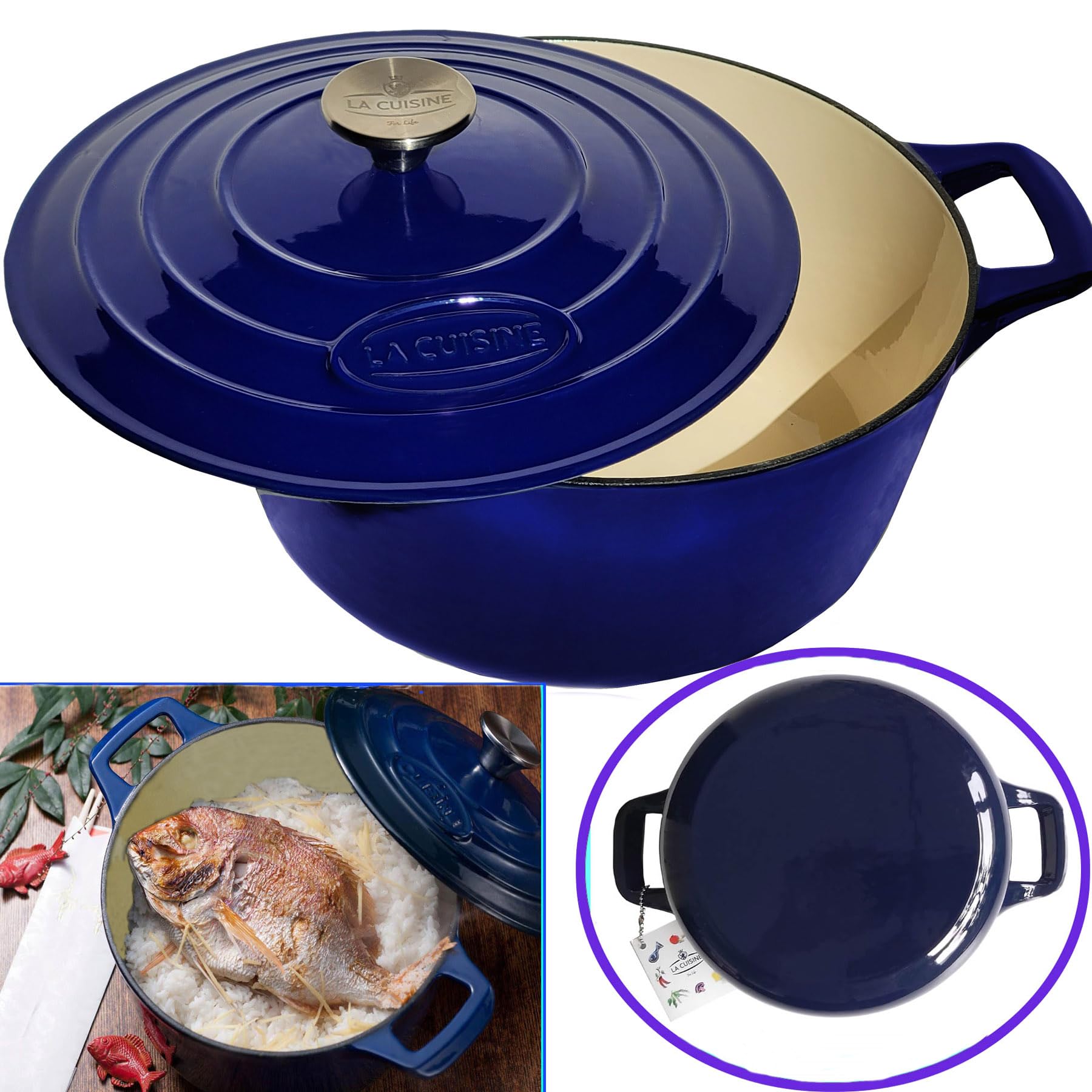 La Cuisine Enameled Cast Iron Dutch Oven Casserole Dish Pot with Lid, 5 QT 10.3โ Dia. Cream White Enamel Interior 2-tone Sapphire Enamel Coating Exterior Oven-Safe