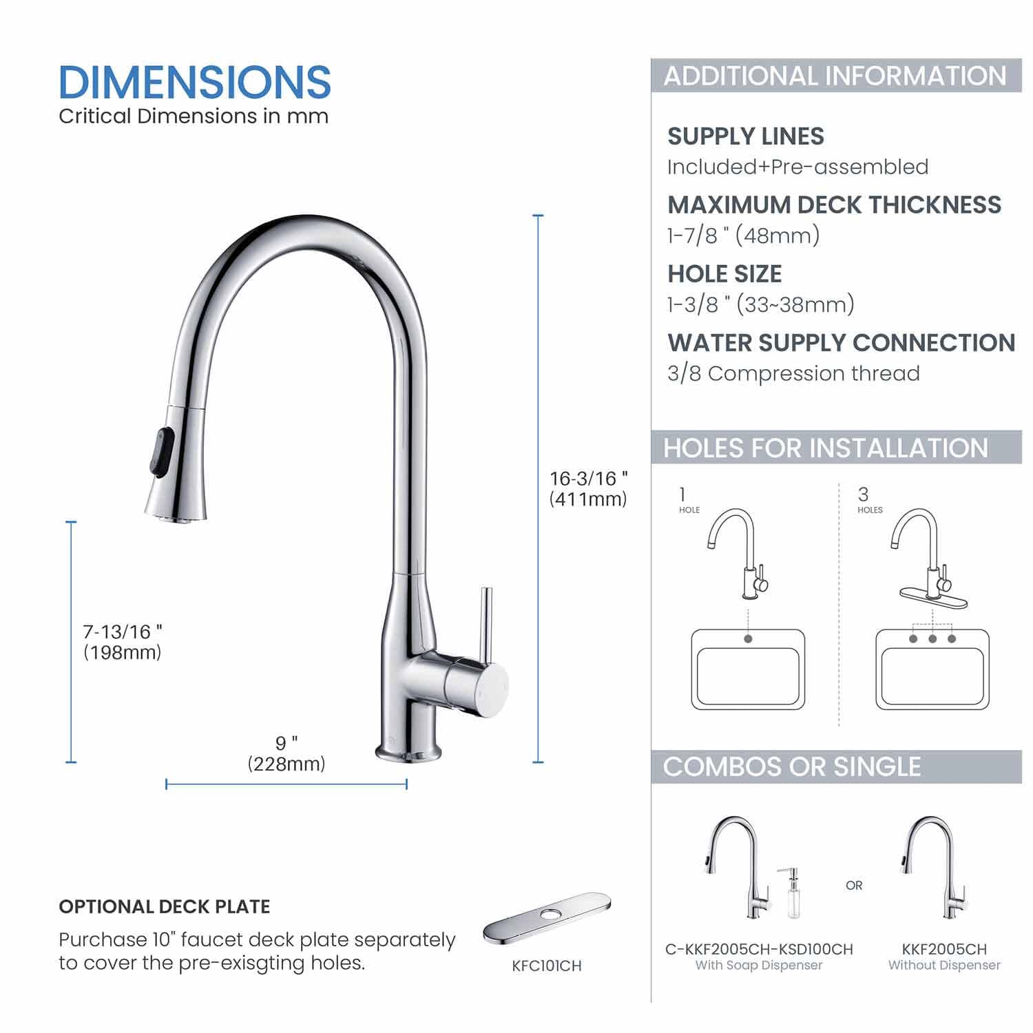 KIBI Napa Single Handle Pull Down Faucet for Kitchen Sink | Solid Brass High Arc Faucet Spout | 360 Degree Swivel Faucet with Pull Down Sprayer (Brushed Nickel) (KKF2005) (Soap Dispenser included)