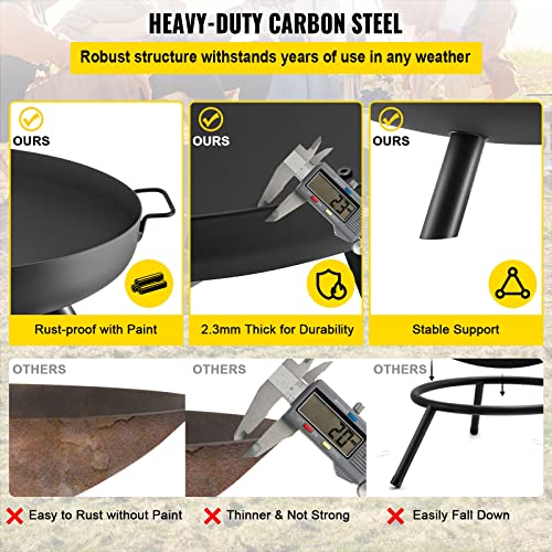 VEVOR Fire Pit Bowl, 30-Inch Deep Round Carbon Steel Fire Bowl, Wood Burning for Outdoor Patios, Backyards & Camping Uses, with A Drain Hole, Portable Handles and A Firewood Stick, Black