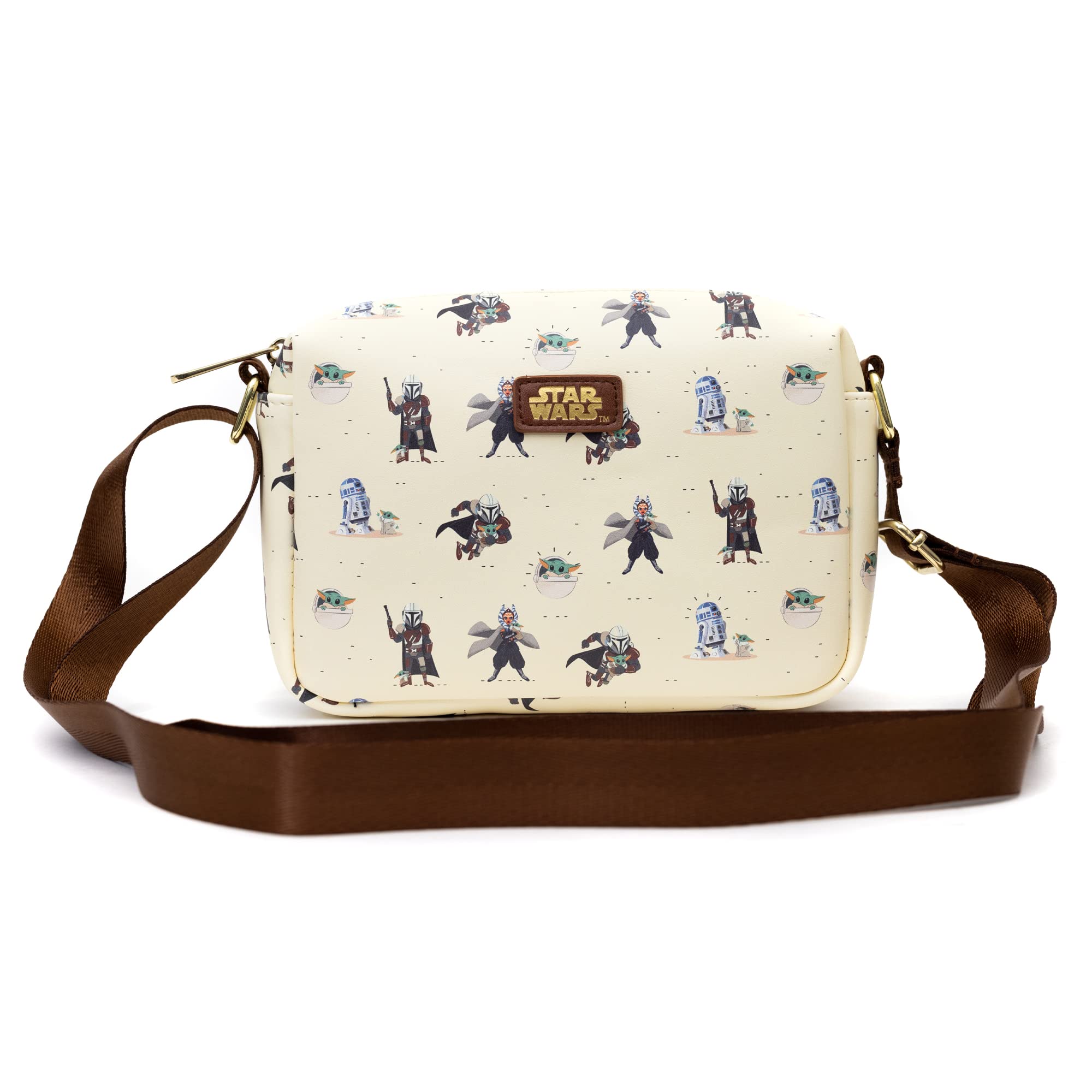 Star Wars Bag, Cross Body, Rectangle, The Mandalorian Character Poses with Grogu Collage, Beige, Vegan Leather