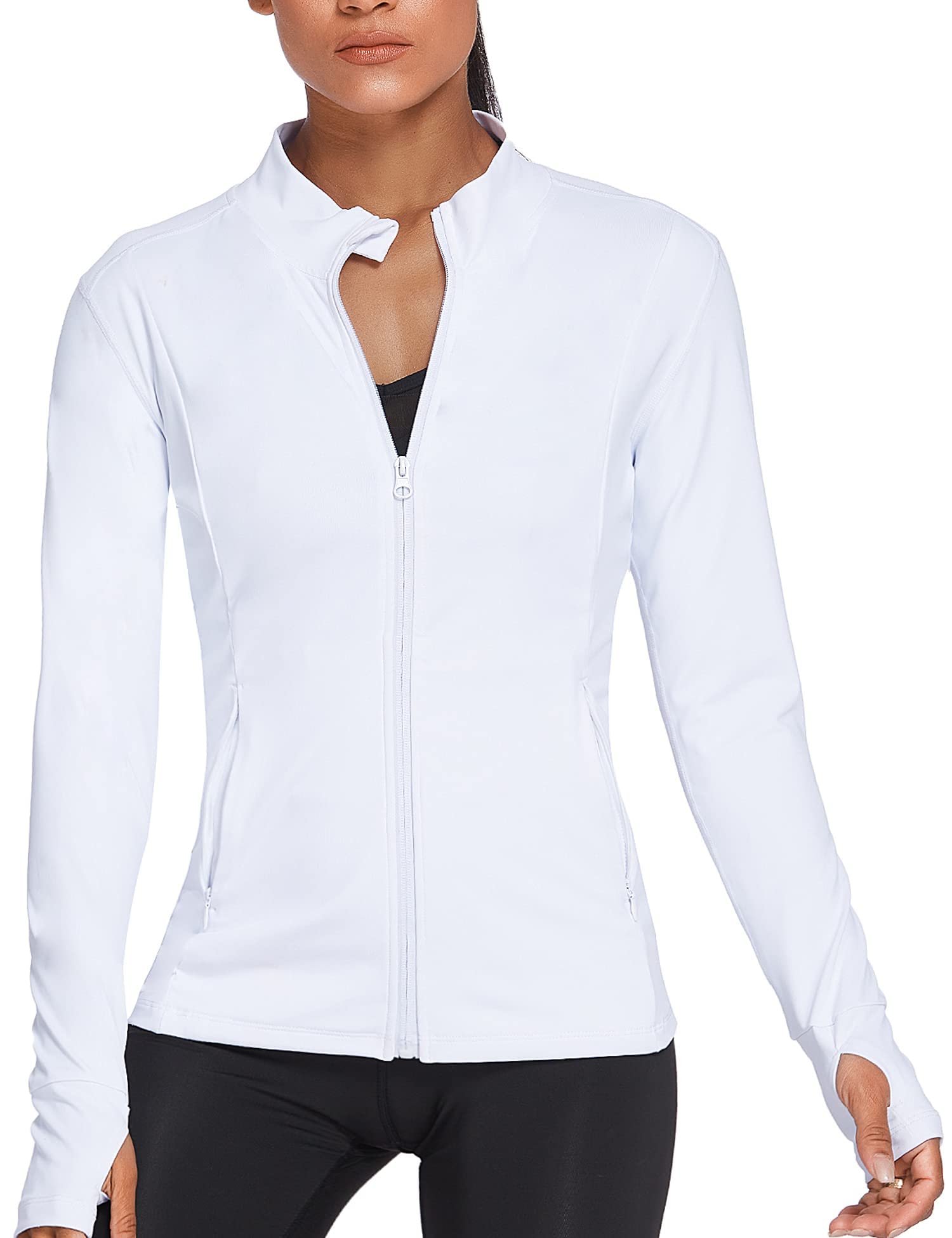 PINSPARK Athletic Jacket Women Workout Running Yoga Jacket Full Zip Up Sportswear Lightweight Tops White M