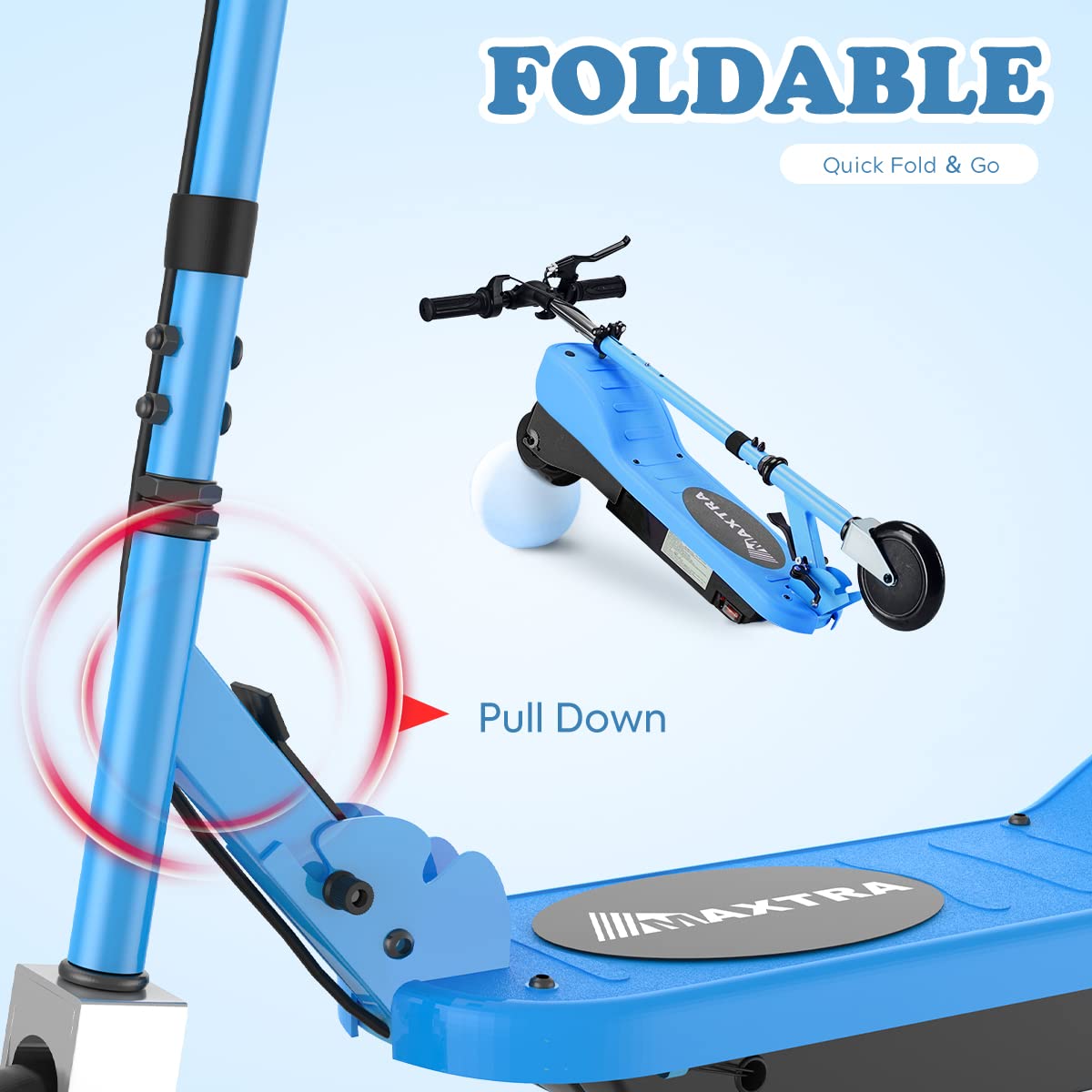 MAXTRA Folding Electric Scooter, Adjustable Handlebar Height for Kids Ages 6-12, up to 10mph & 60 Long Battery Life