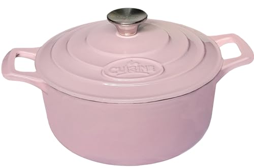 La Cuisine Enameled Cast Iron Dutch Oven Casserole Dish Pot with Lid, 3.7 QT 9.5 Inches Dia. Cream White Enamel Coating Interior Pink Oven-Safe